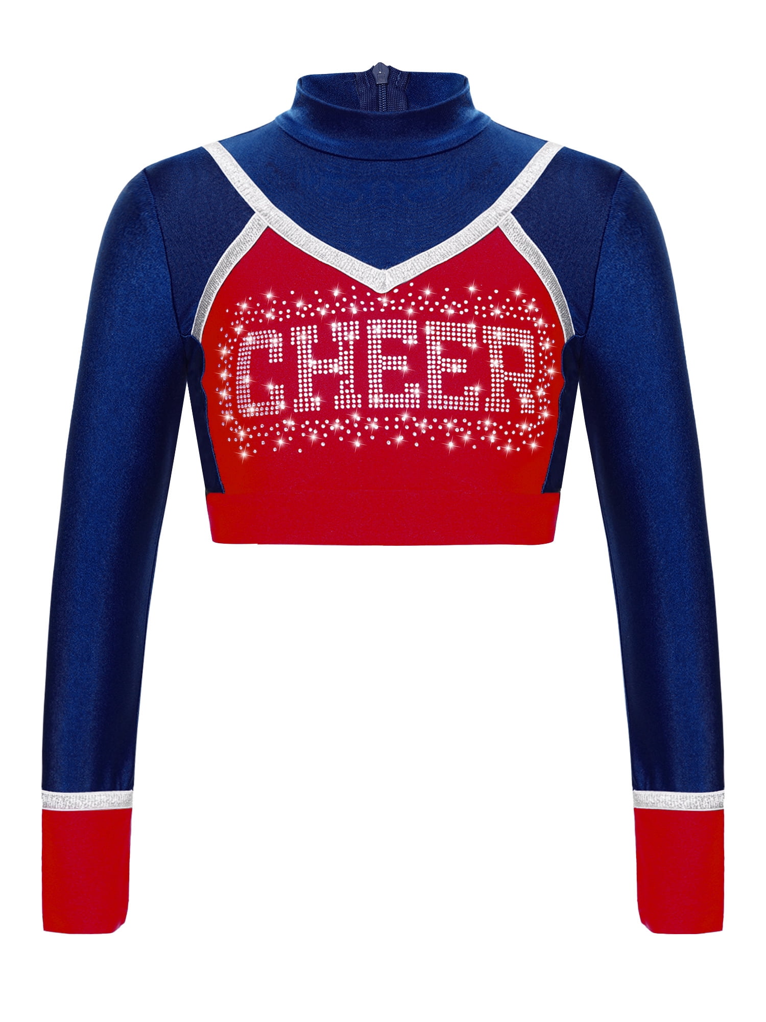 iiniim Girls Cheerleading Cropped Tops Shiny Rhinestone Contrast Color Long Sleeve Mock Neck ...