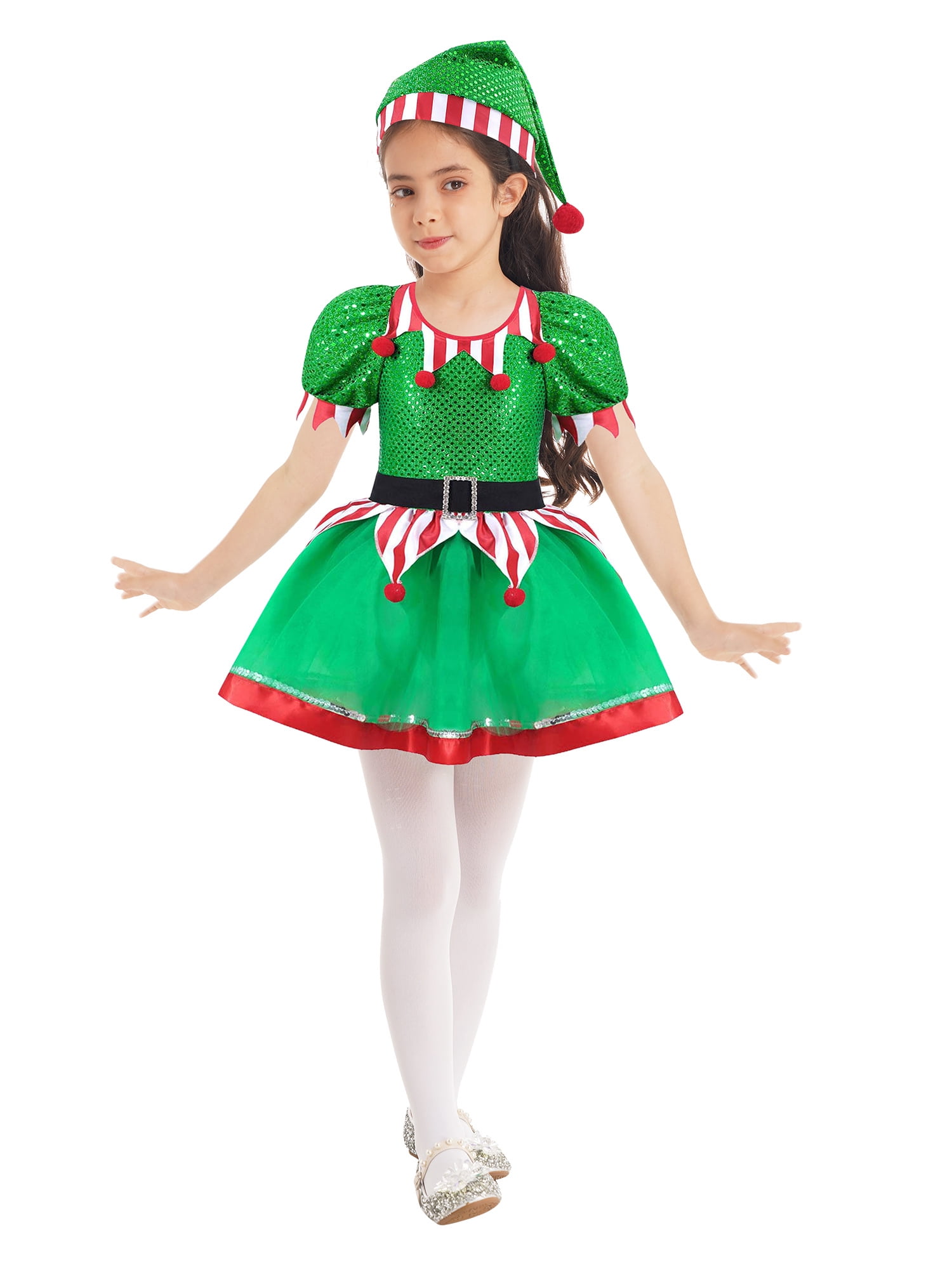 iiniim Girls Christmas Elf Costume Puff Sleeve Dancewear Sequined Tutu ...