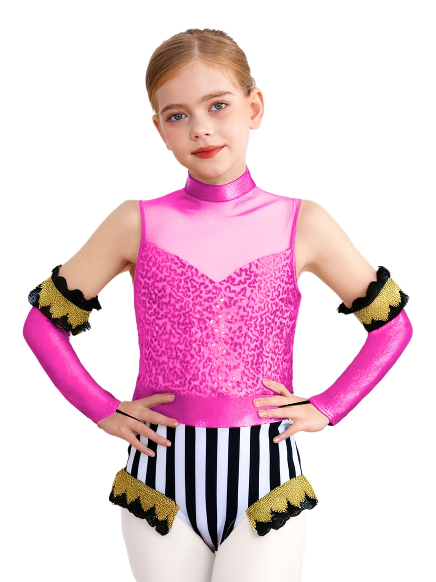 iiniim Girls Circus Outfit Sequin Striped Leotard with Arm Sleeve Set ...