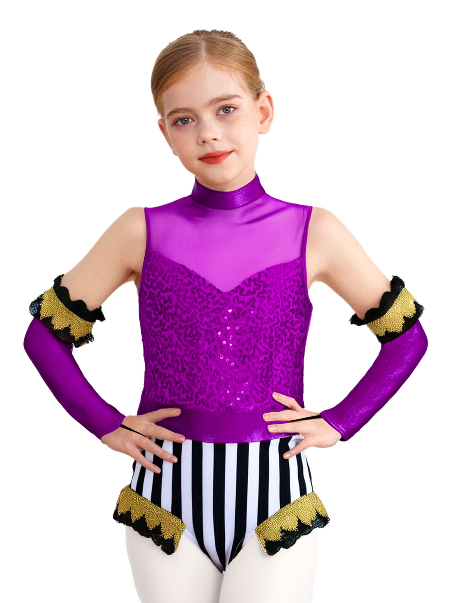 iiniim Girls Circus Outfit Sequin Striped Leotard with Arm Sleeve Set ...