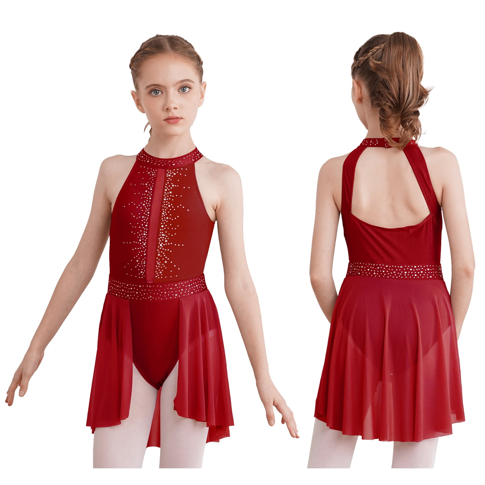 iiniim Girls Ice Figure Skating Leotard Sheer Mesh Latin Dance ...