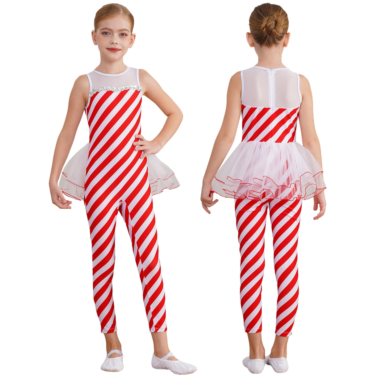 iiniim Girls Kids Xmas Candy Cane Striped Unitard Sleeveless Ruffle ...