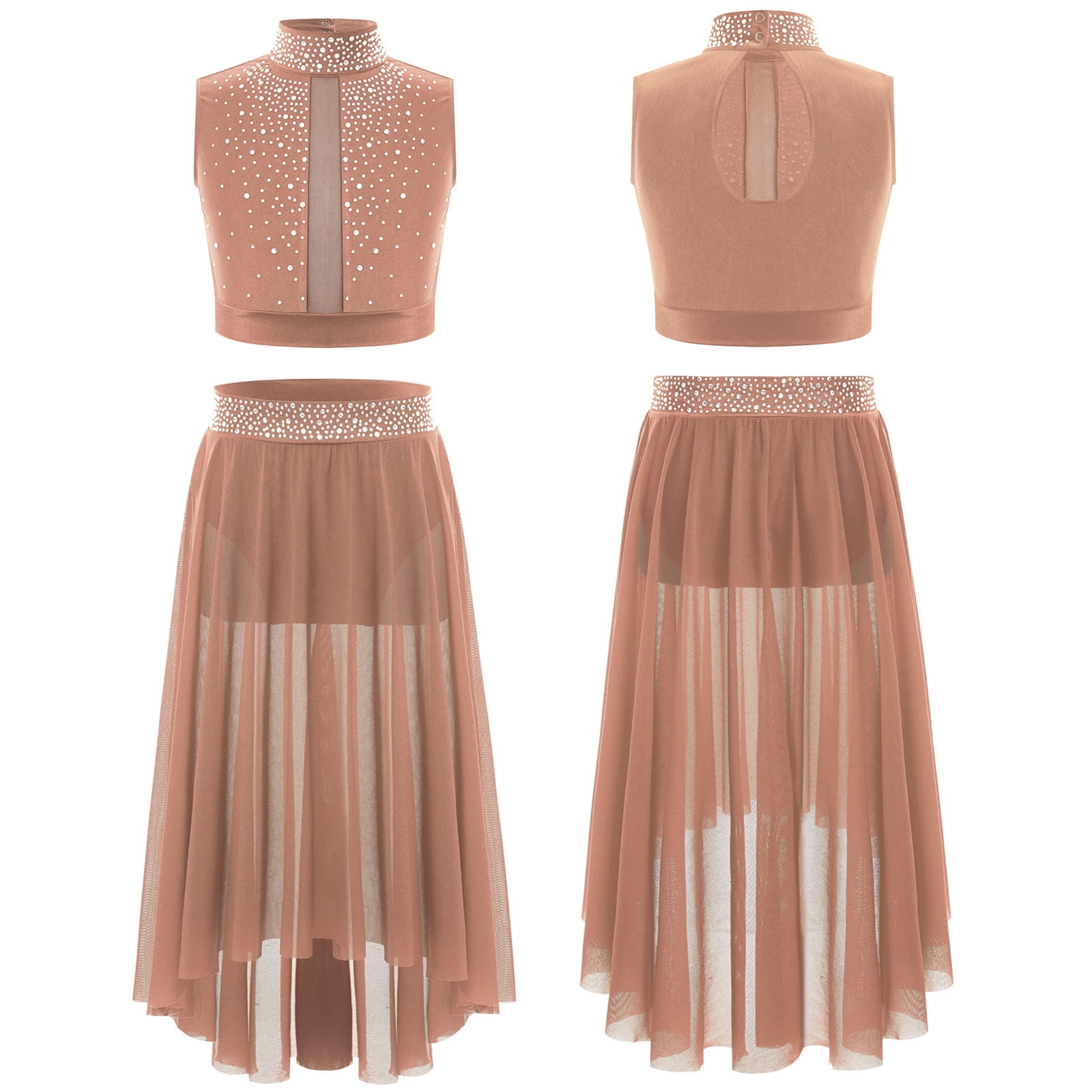 iiniim Girls Lyrical Dance Outfit Crop Top with High-Low Mesh Skirt Set ...