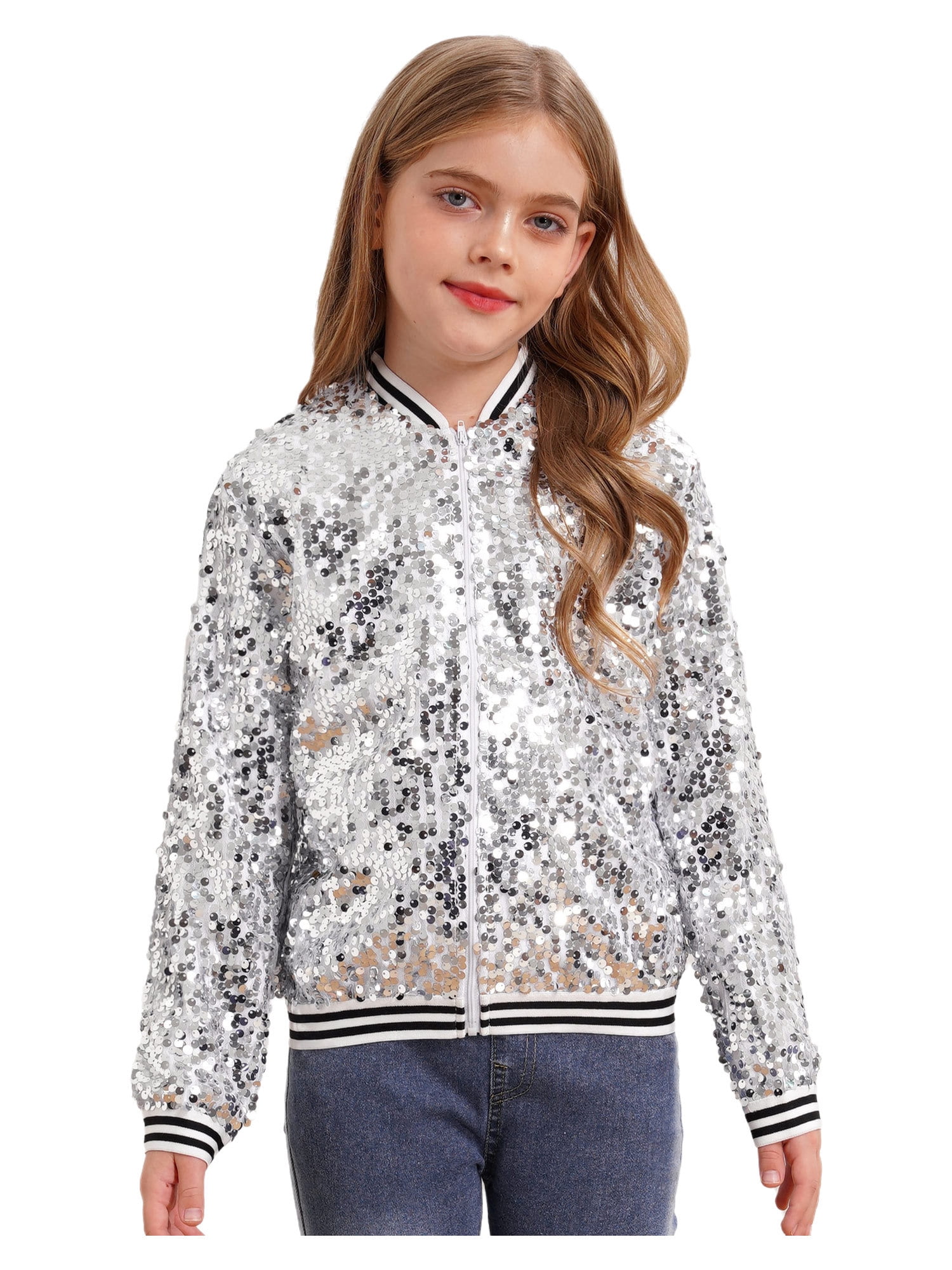 iiniim Girls Sequin Bomber Jacket Lightweight Sparkle Long Sleeve ...