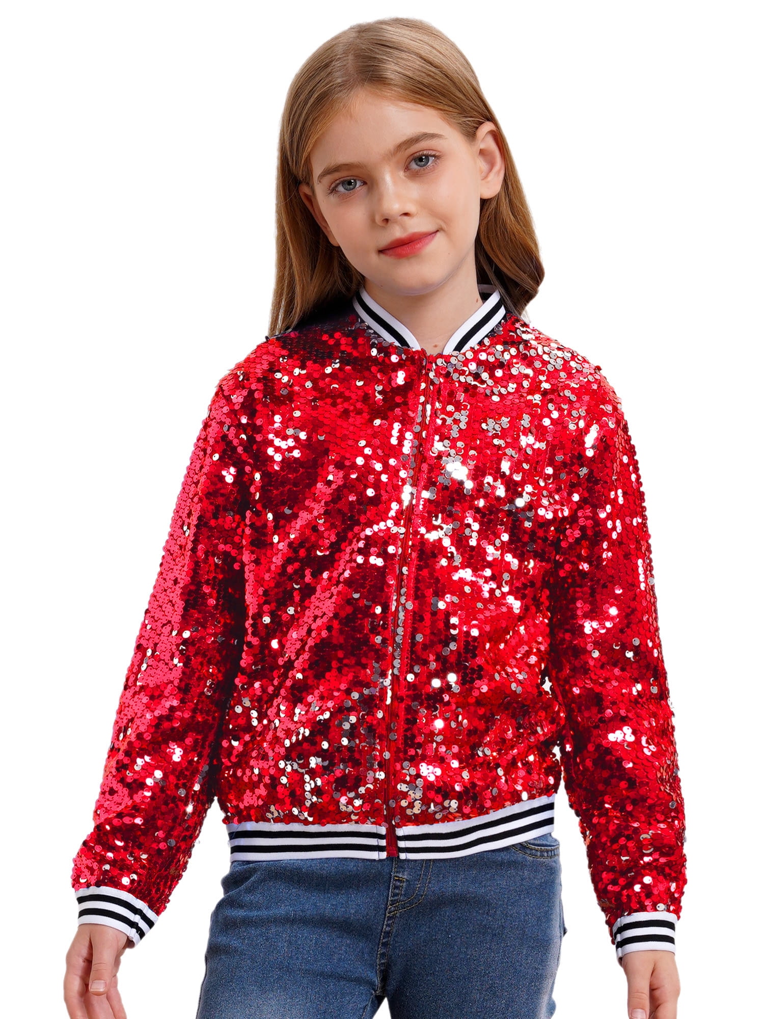 iiniim Girls Sequin Bomber Jacket Lightweight Sparkle Long Sleeve ...