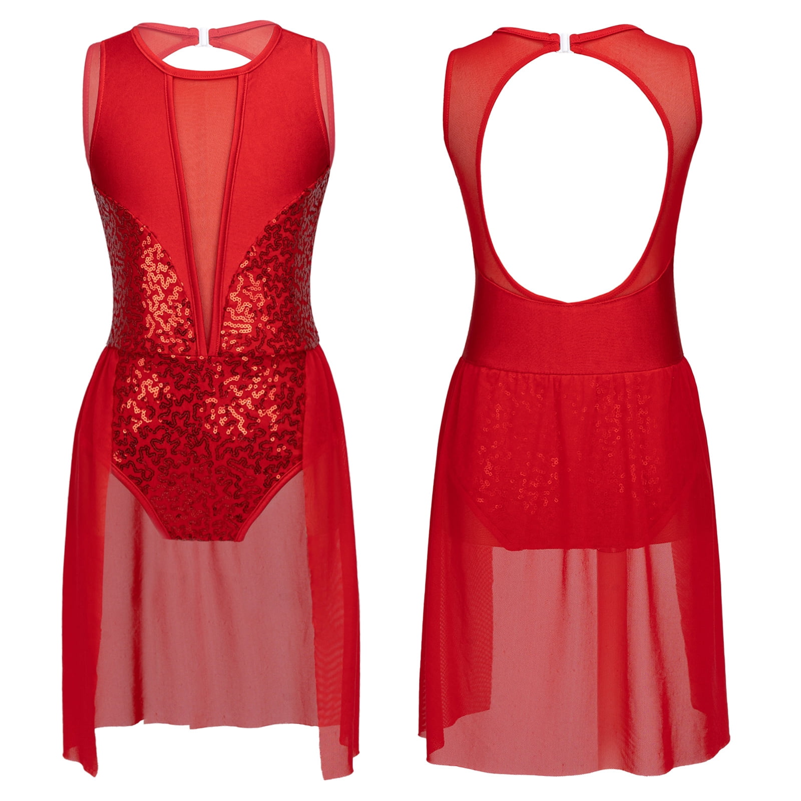 iiniim Girls Sequins Lyrical Modern Ballet Leotard Dress High-Low Mesh Splice Skirt Dancewear ...