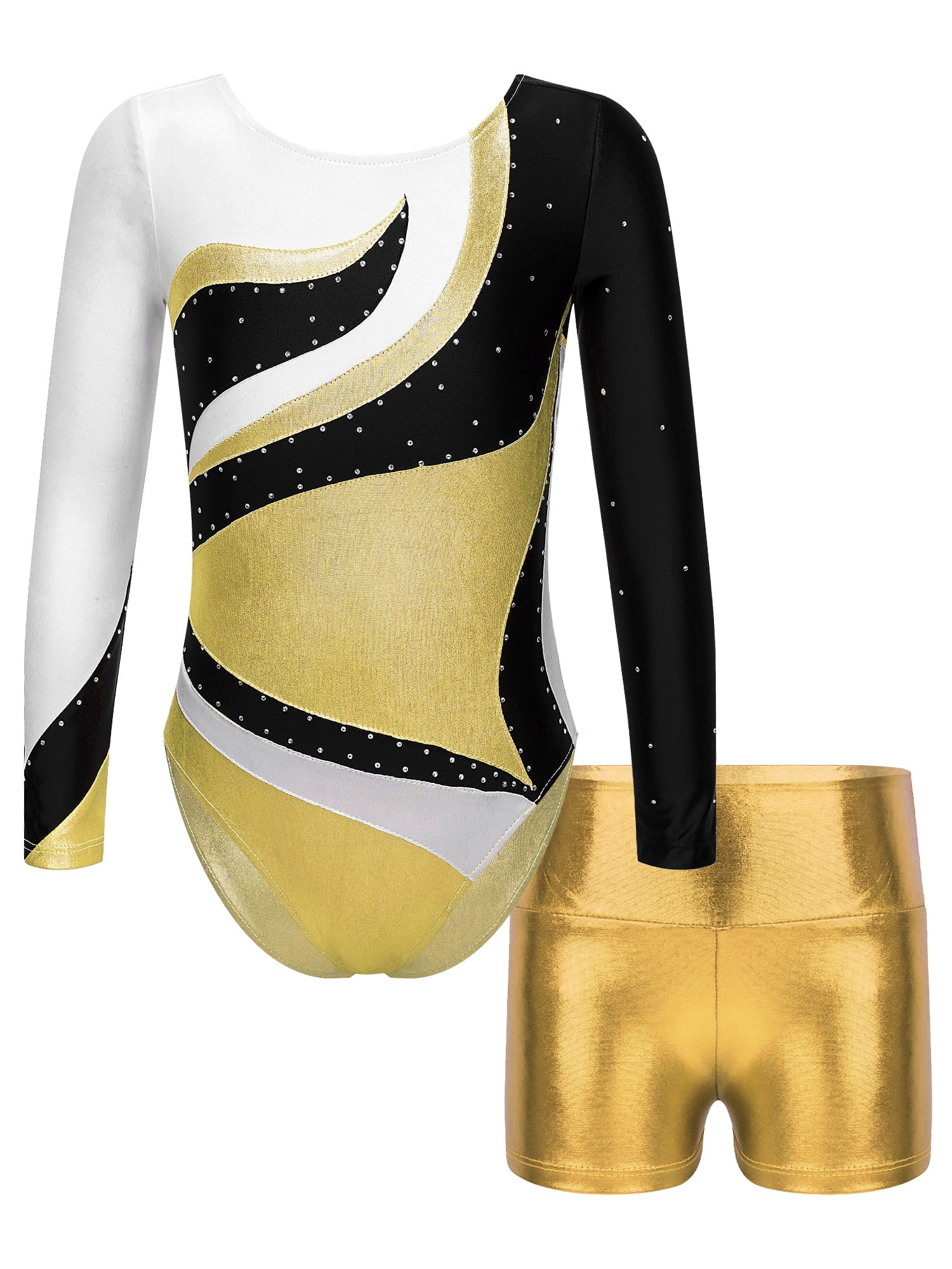 Iiniim Girls Shiny Metallic Long Sleeve Ballet Gymnastic Leotard Bodysuit With Shorts Dancewear