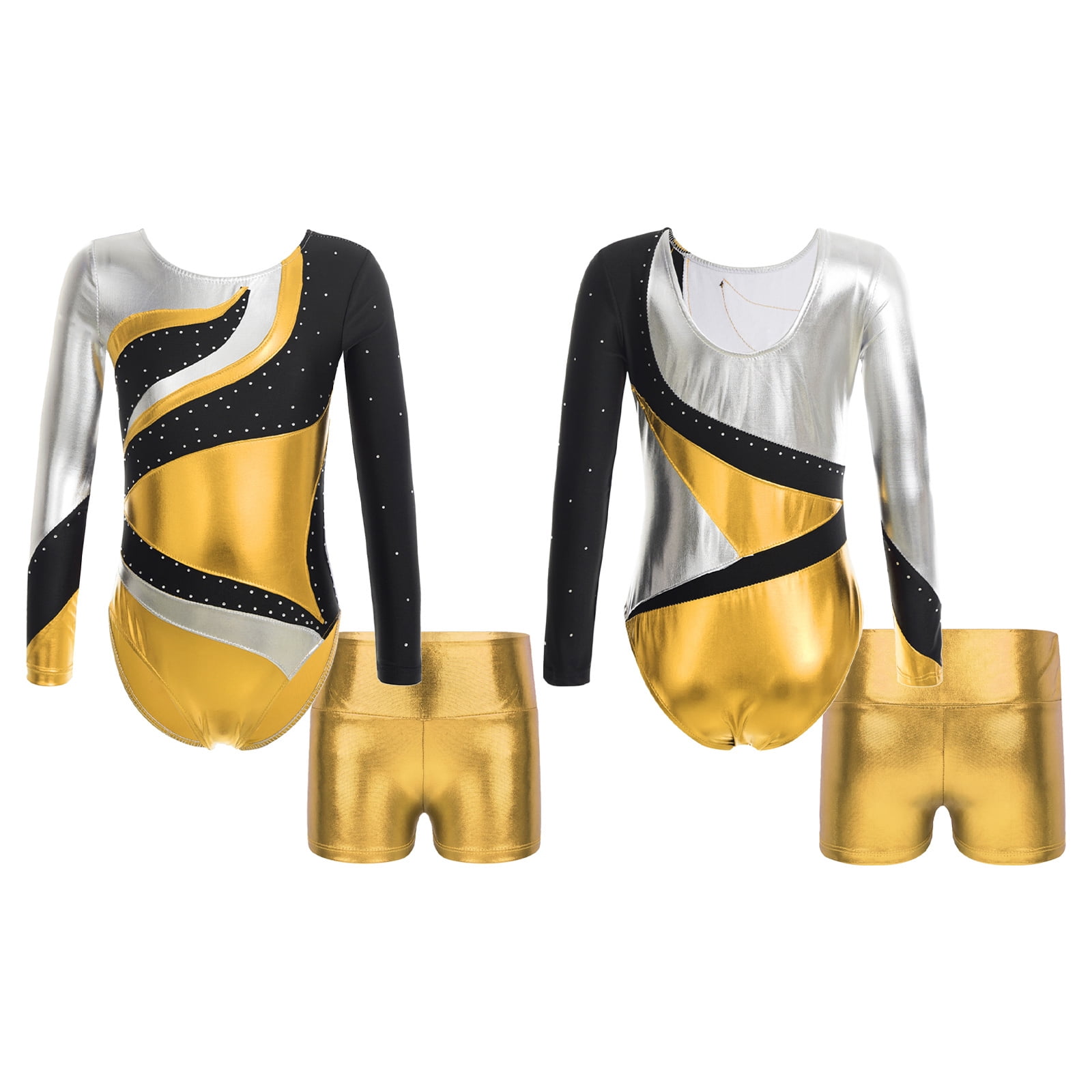 Iiniim Girls Shiny Metallic Long Sleeve Ballet Gymnastic Leotard Bodysuit With Shorts Dancewear