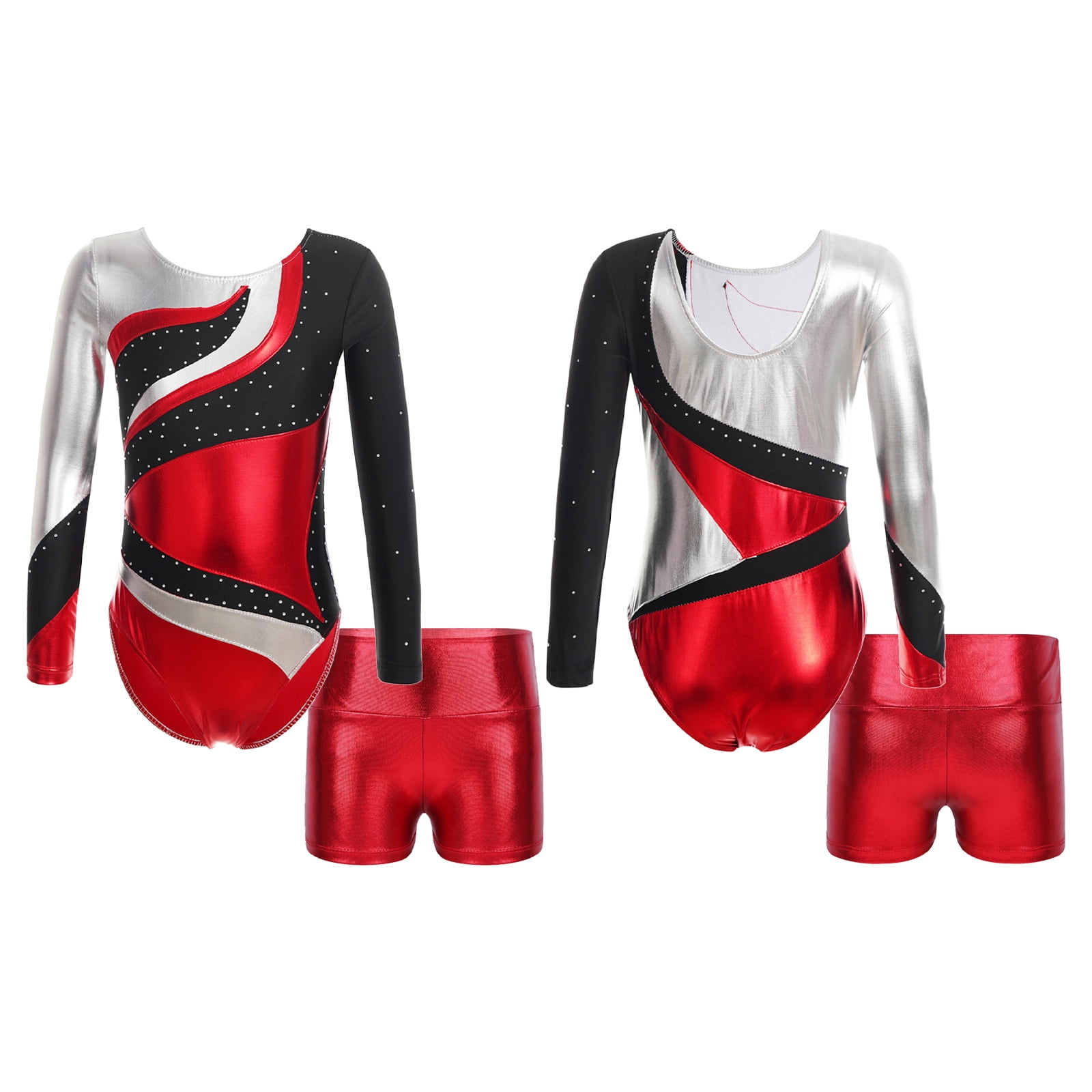 Iiniim Girls Shiny Metallic Long Sleeve Ballet Gymnastic Leotard Bodysuit With Shorts Dancewear