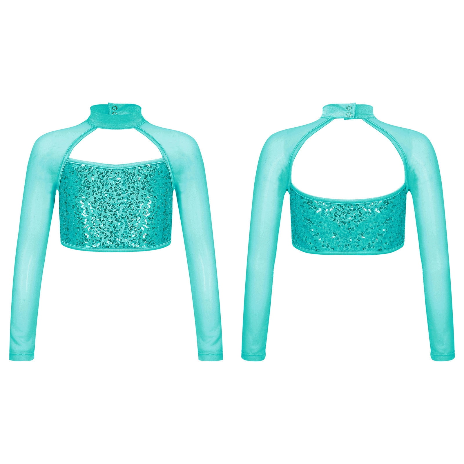 iiniim Girls Shiny Sequins Hollow Out Long Sleeve Crop Tops for Dance ...