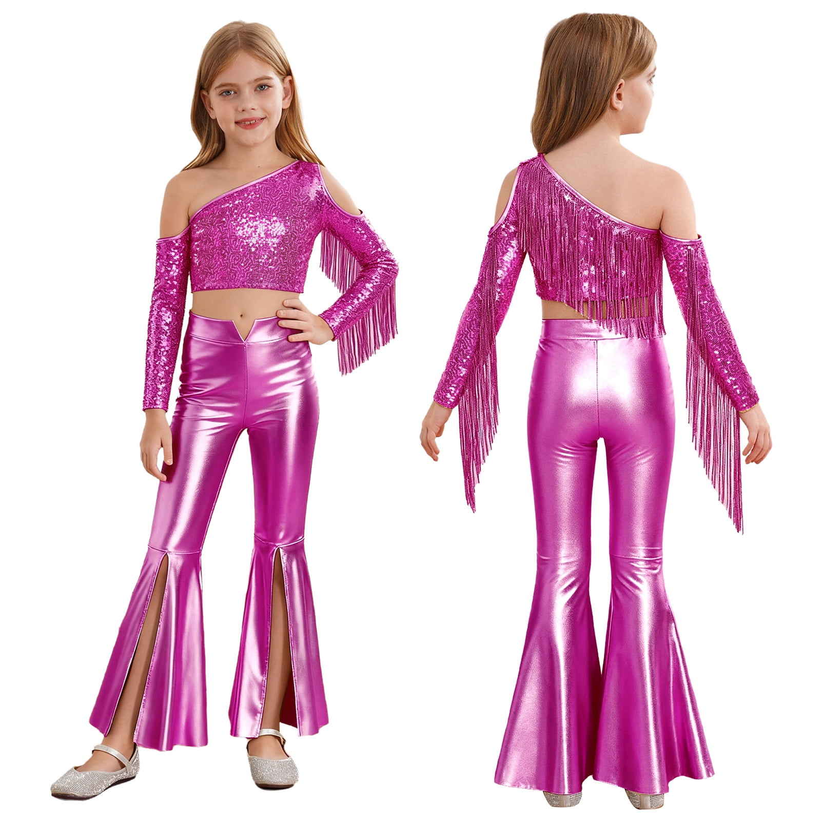 iiniim Girls Sparkly Dance Outfits Sequin Crop Top and Metallic Flare ...