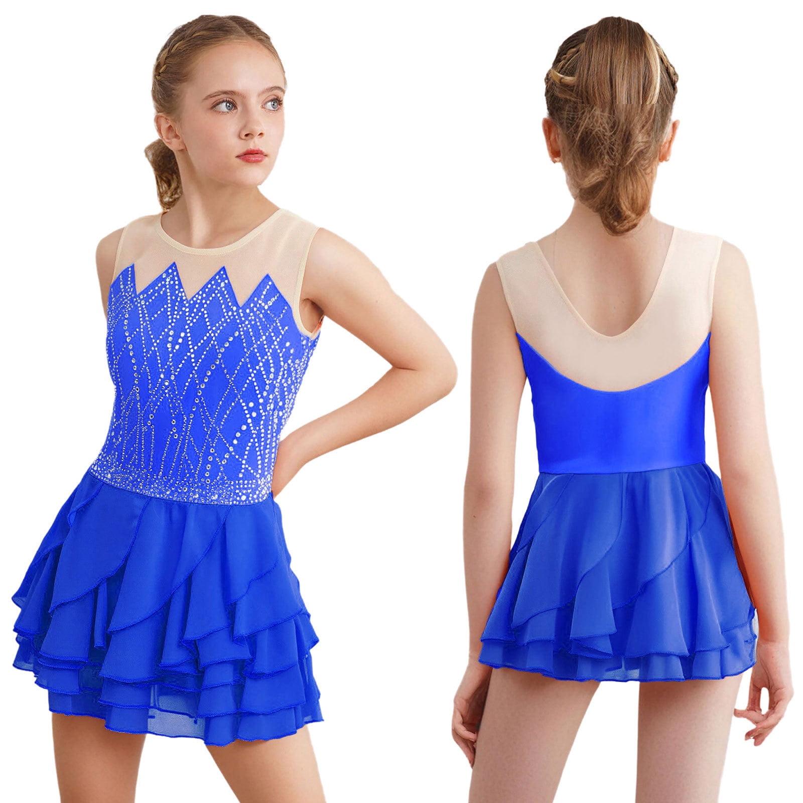 iiniim Girls Sparkly Figure Skating Sleeveless Ruffle Tiered Skirt ...