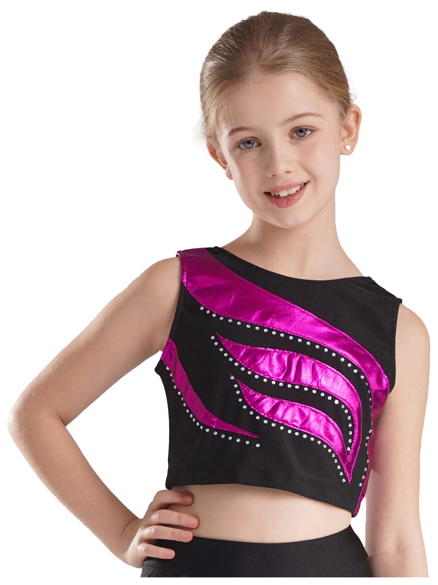 iiniim Kids Girls Active Shirts Sleeveless Rhinestones Metallic Dance ...