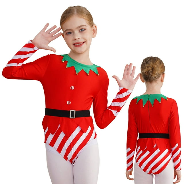 iiniim Kids Girls Candy Cane Fancy Dress Stripes Santa Helper Leotard ...