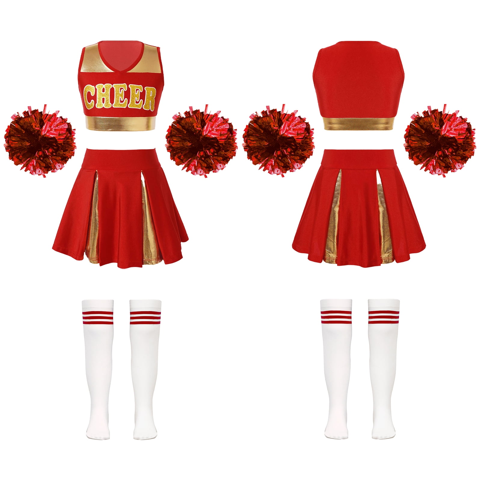 iiniim Kids Girls Cheer Leader Costume Crop Top with Pleated Skirt Pom ...