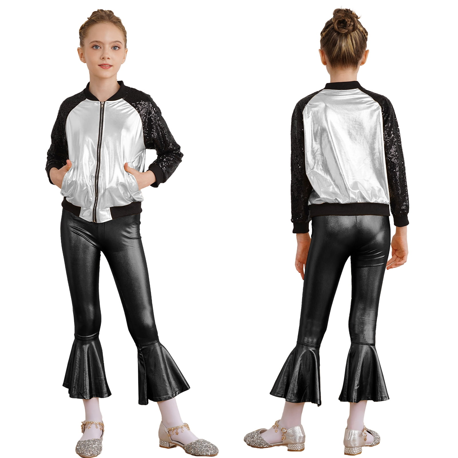 iiniim Kids Girls Dance Outfits Shiny Sequins Raglan Long Sleeve Zip Up ...
