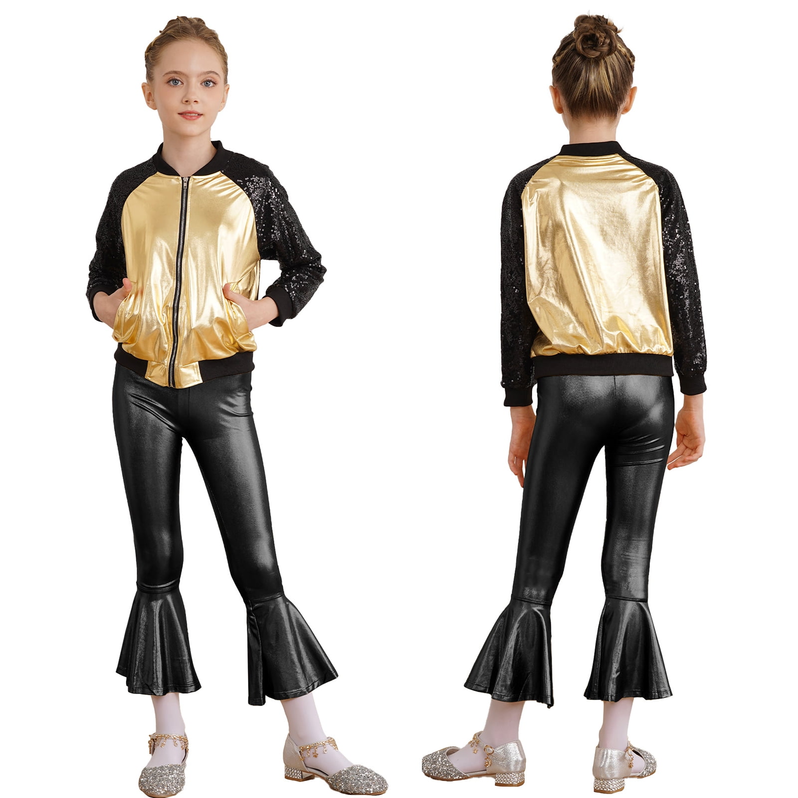 iiniim Kids Girls Dance Outfits Shiny Sequins Raglan Long Sleeve Zip Up ...