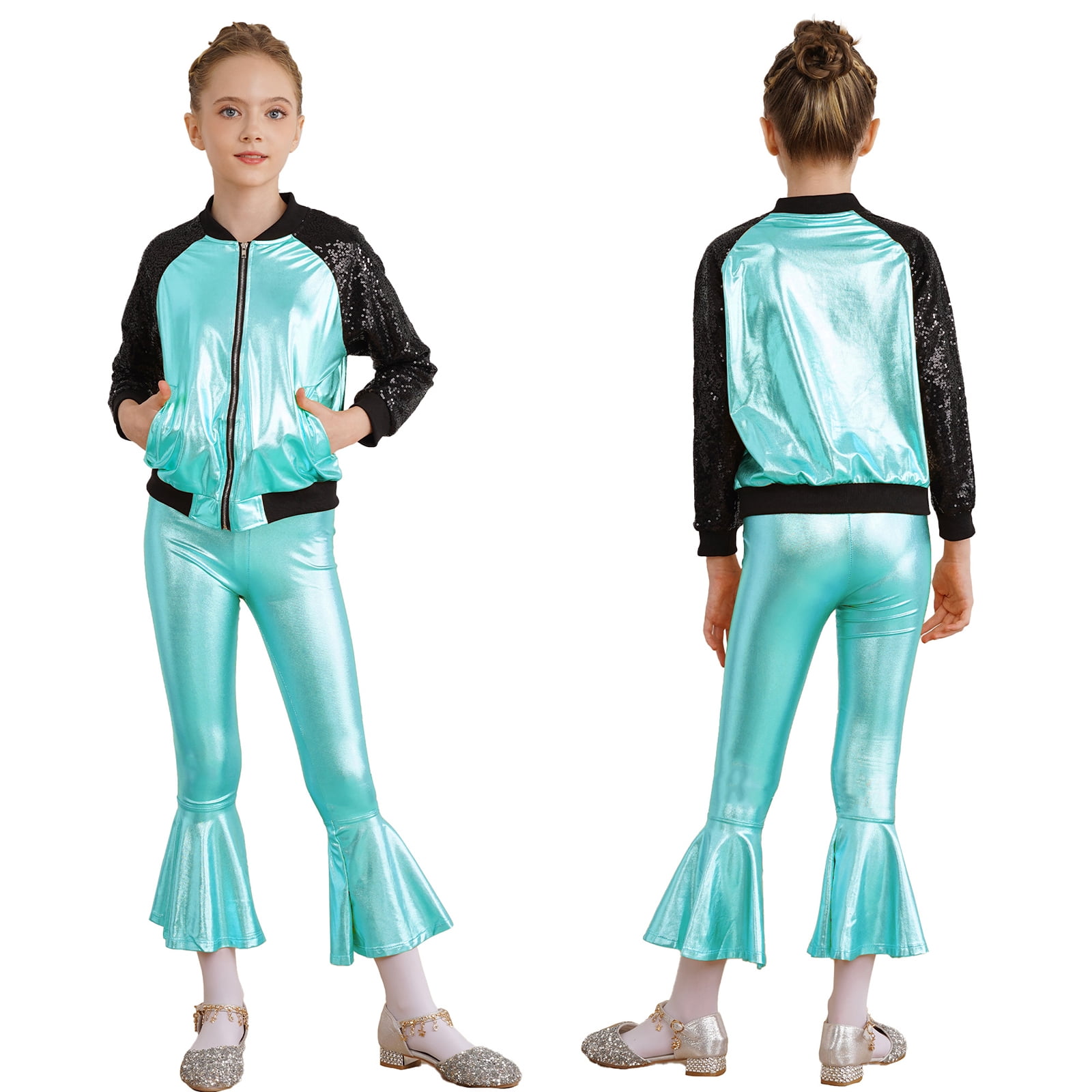 iiniim Kids Girls Dance Outfits Shiny Sequins Raglan Long Sleeve Zip Up ...