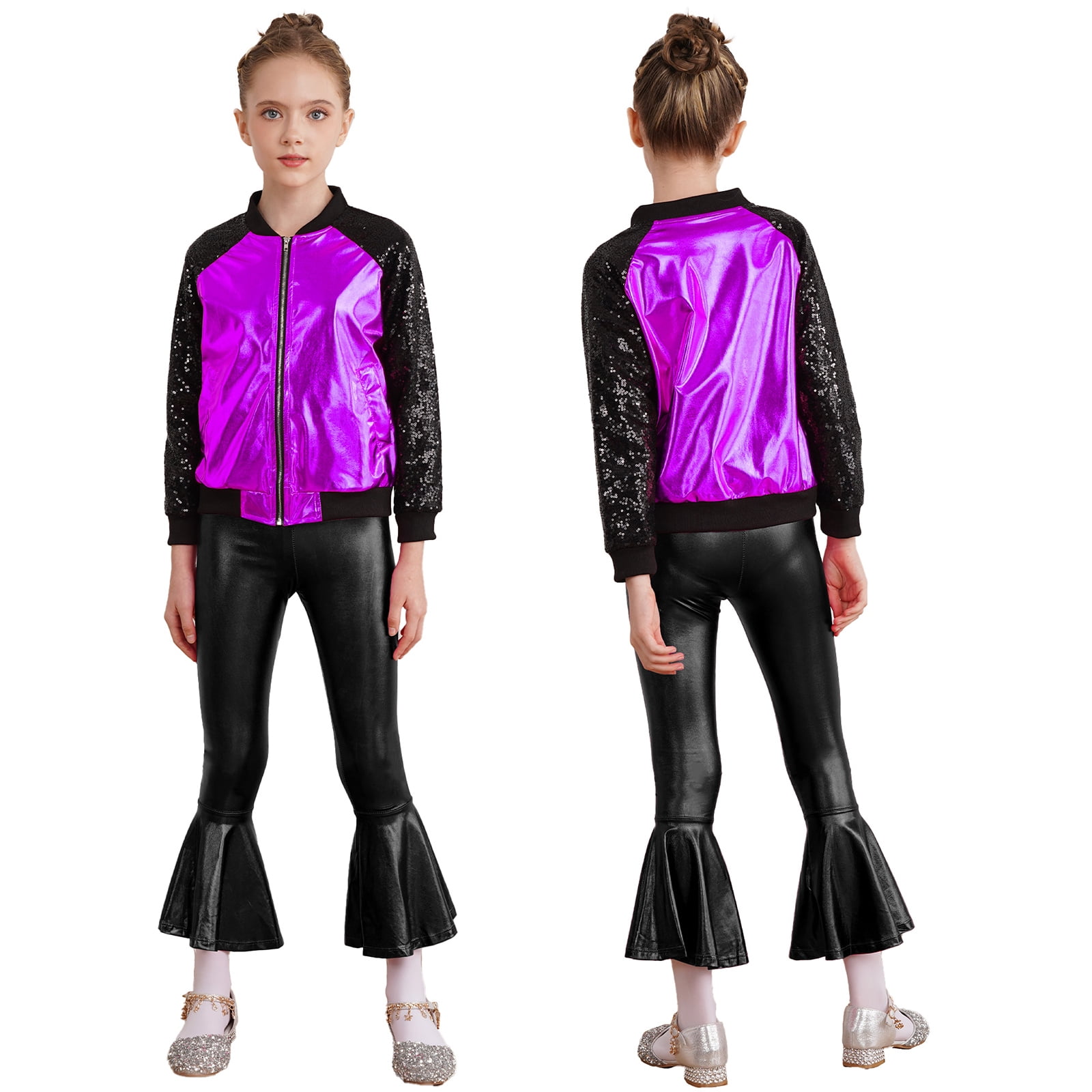 iiniim Kids Girls Dance Outfits Shiny Sequins Raglan Long Sleeve Zip Up ...