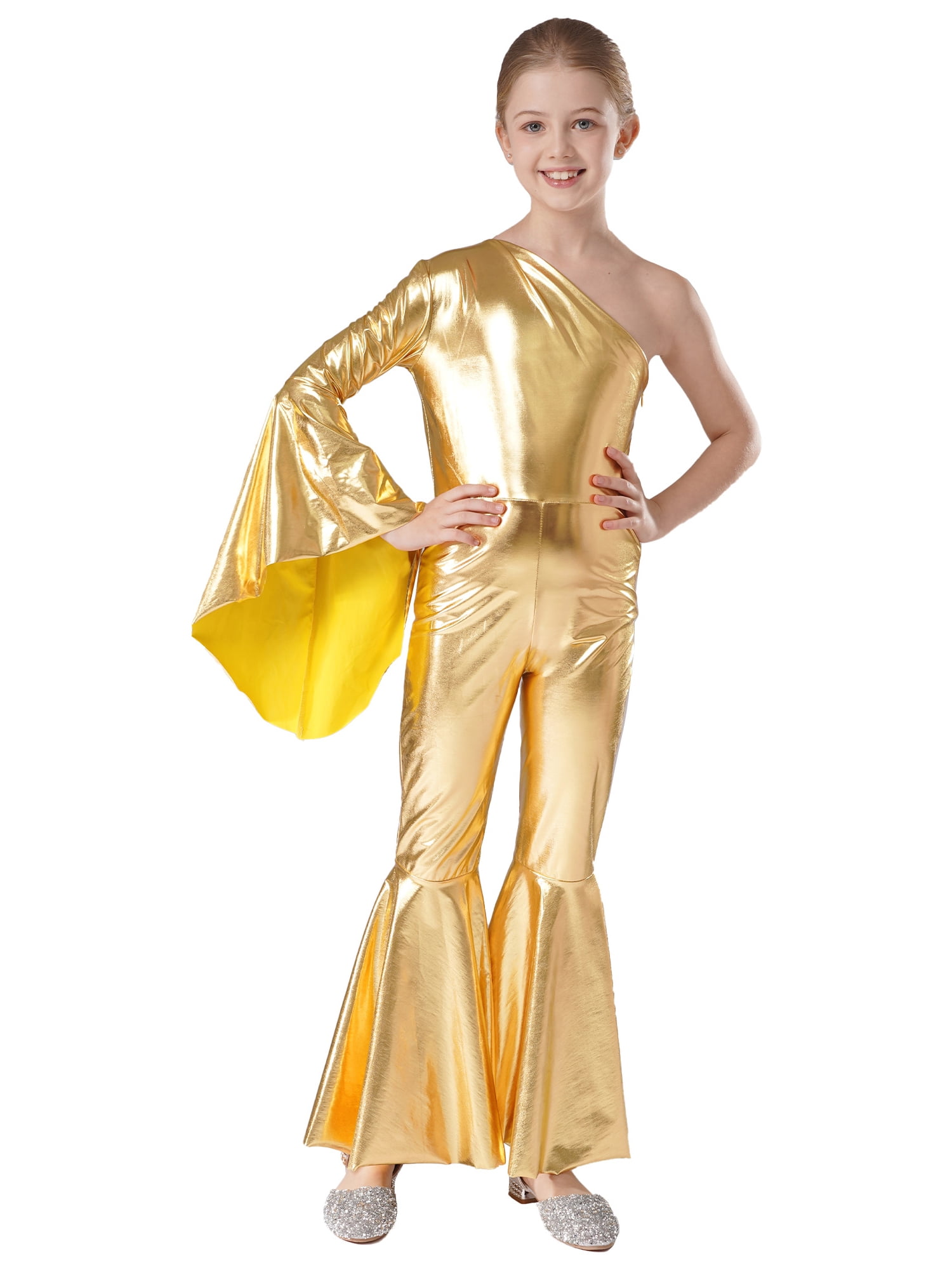 iiniim Kids Girls Disco Costume One Shoulder Bell-bottom Party Jumpsuit ...