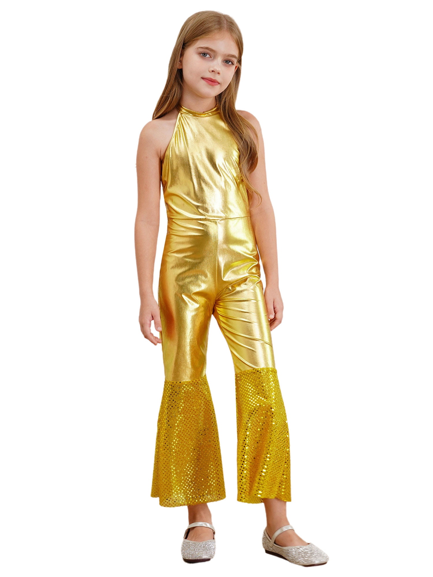 iiniim Kids Girls Disco Outfit 70s 80s Prom Sparkle Flare Jumpsuit Rave Party Full Bodysuit Gold ...