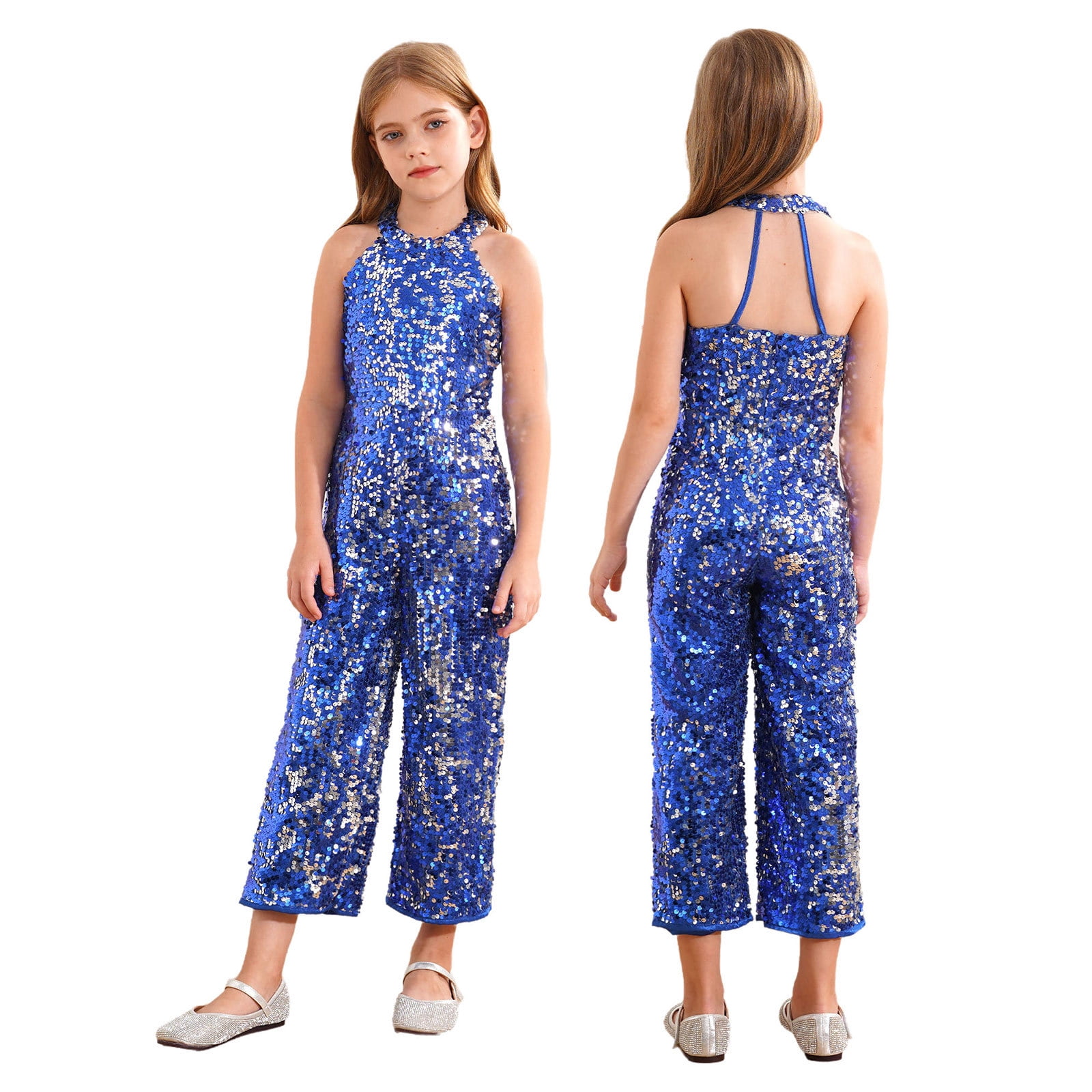 iiniim Kids Girls Halter Shiny Sequins Jazz Latin Dance Jumpsuit ...