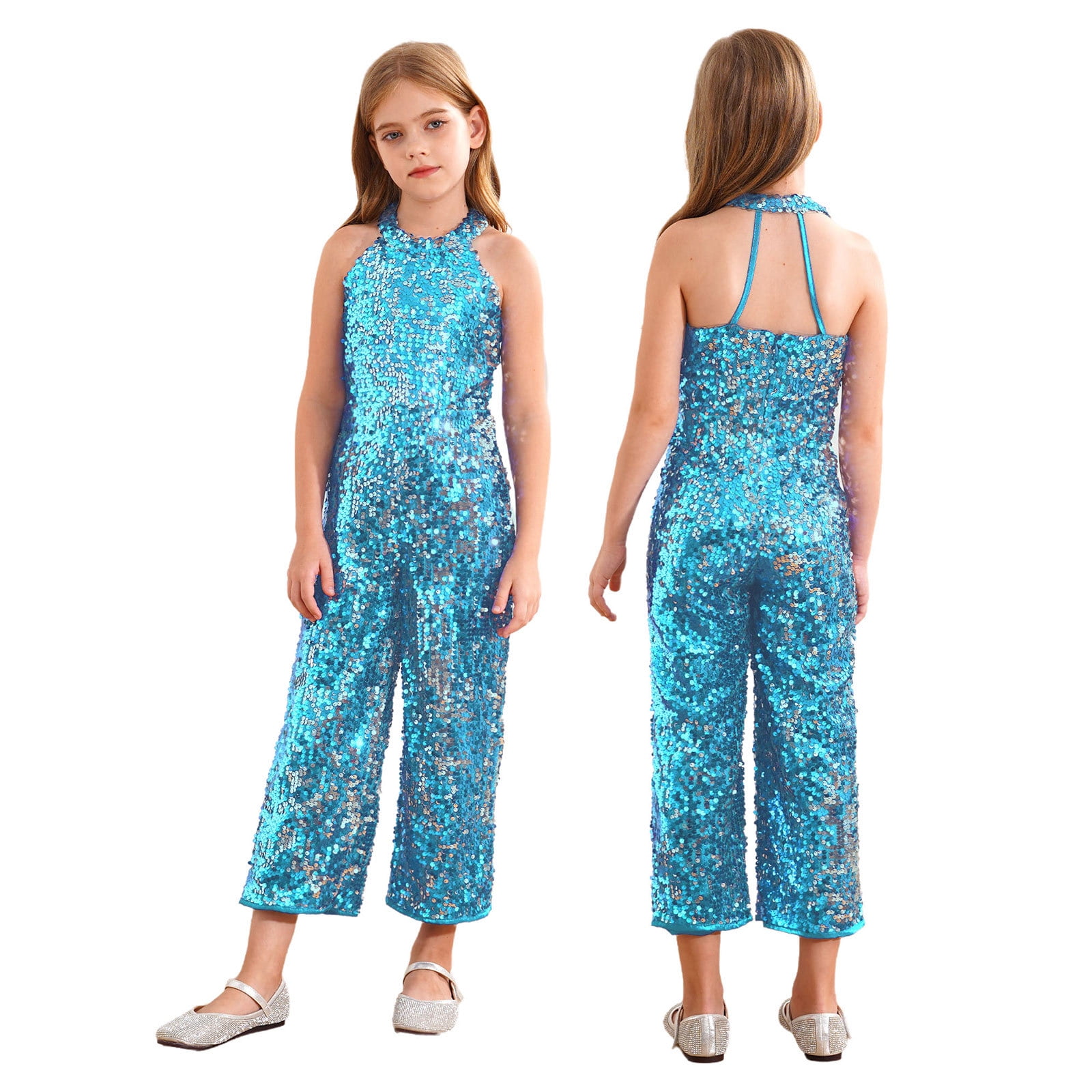 iiniim Kids Girls Halter Shiny Sequins Jazz Latin Dance Jumpsuit ...