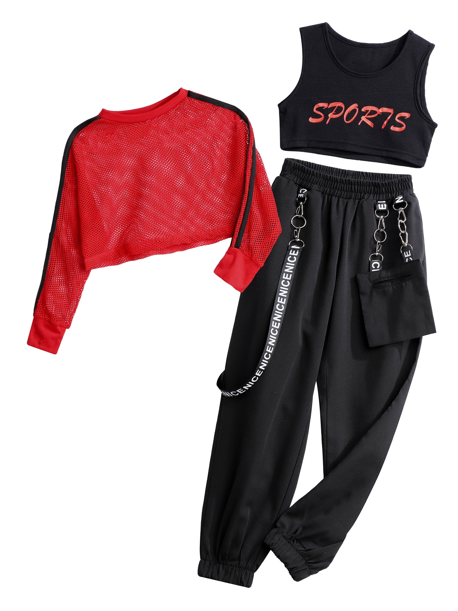 iiniim Kids Girls Hip Hop Dance Outfits Fishnet Sweatshirt Tank Top ...