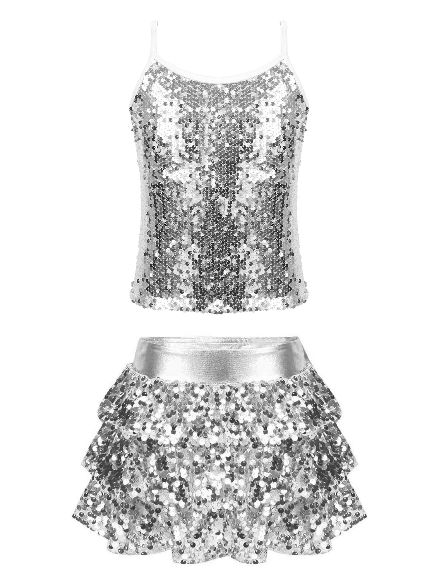 iiniim Kids Girls Jazz Hip Hop Dance Sequin Spaghetti Straps Tops with ...