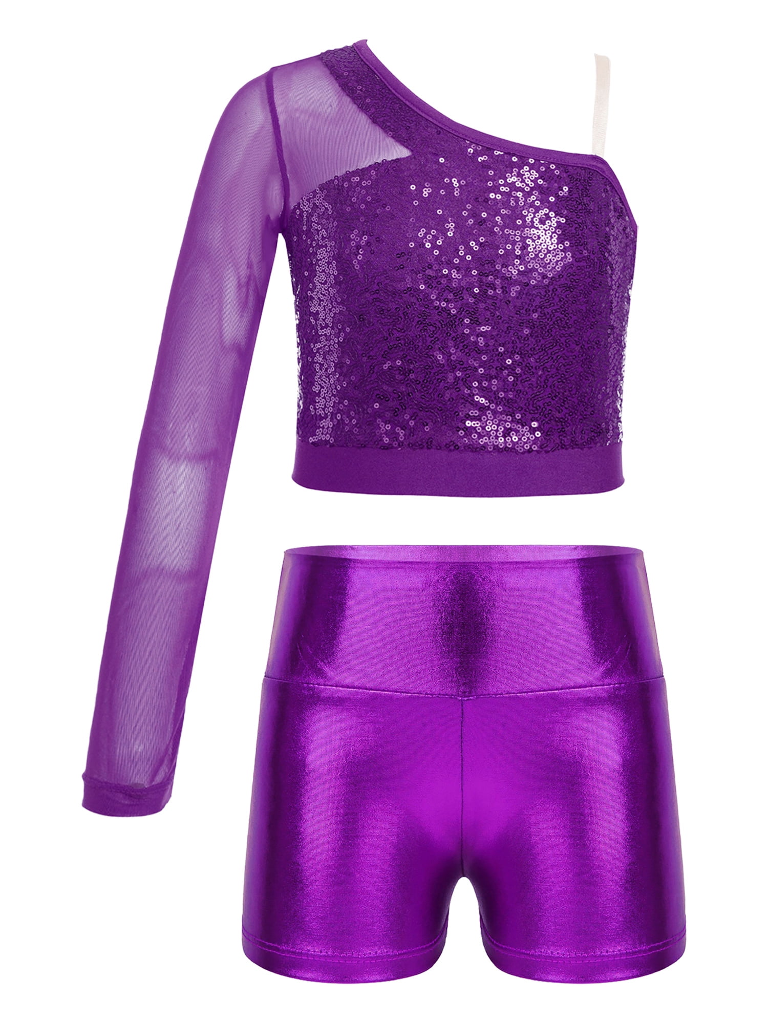 iiniim Kids Girls Jazz Hip Hop Dance Sequins Mesh Long Sleeve One ...