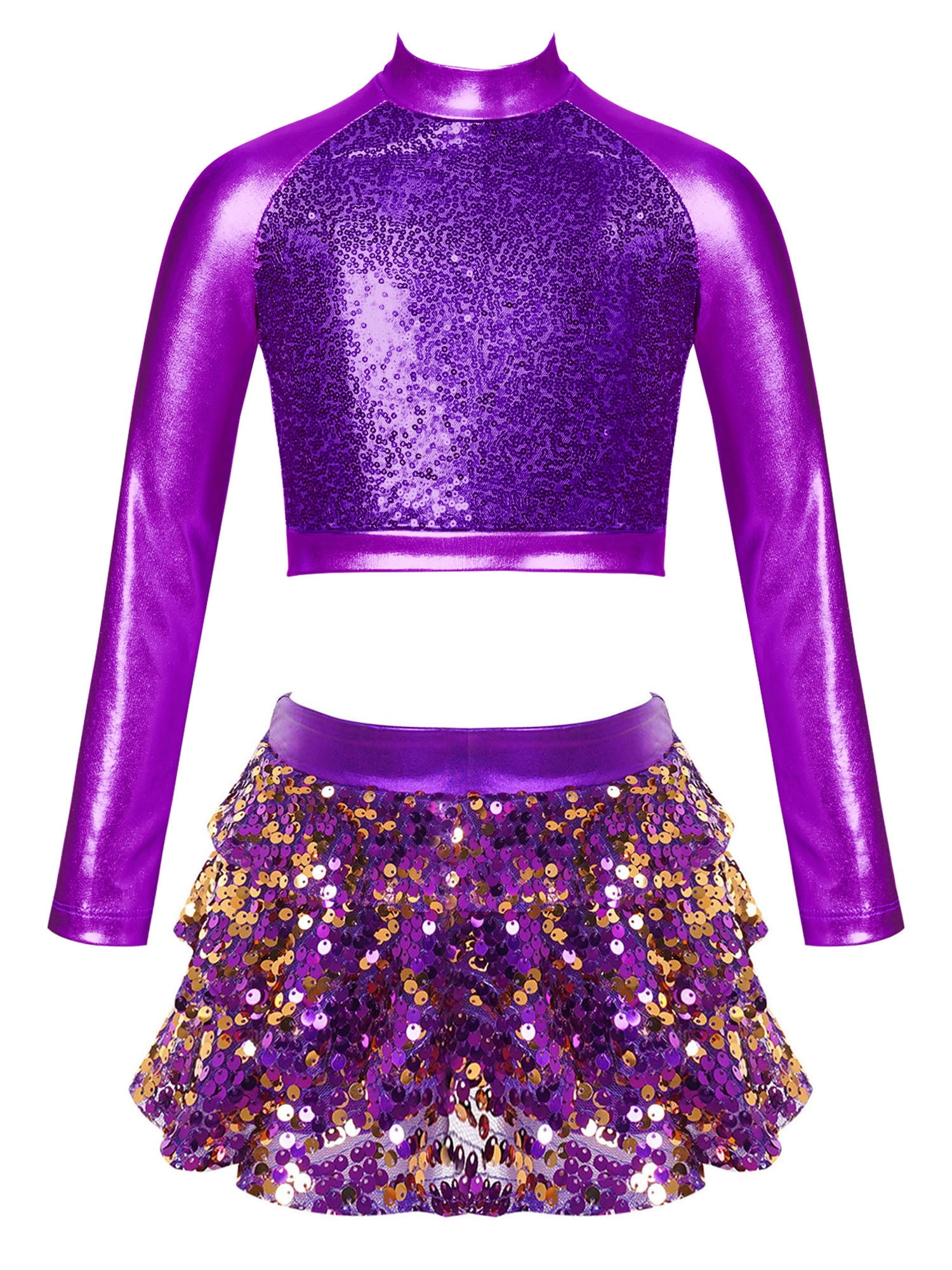 iiniim Kids Girls Jazz Hip Hop Modern Dance Outfits Sequins Mock Neck ...