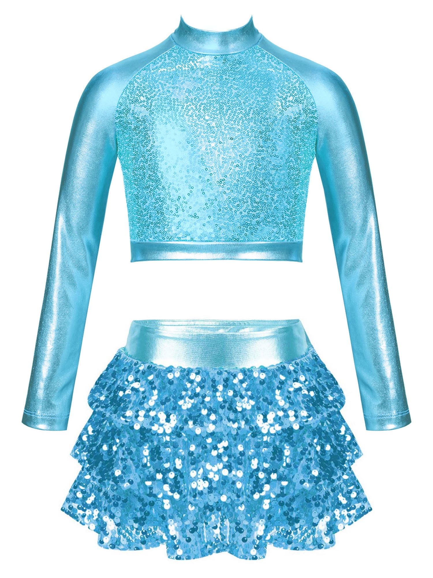 iiniim Kids Girls Jazz Hip Hop Modern Dance Sequins Mock Neck Long ...