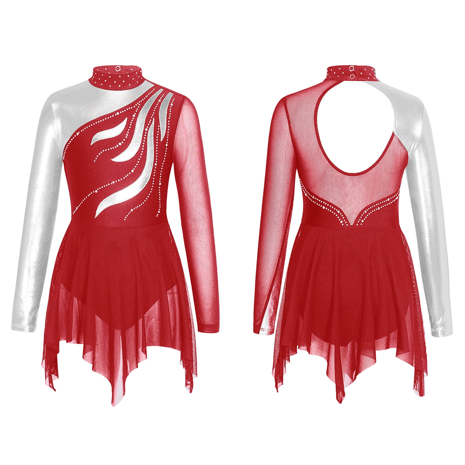 iiniim Kids Girls Long Sleeve Ice Figure Skating Dress Rhinestone ...