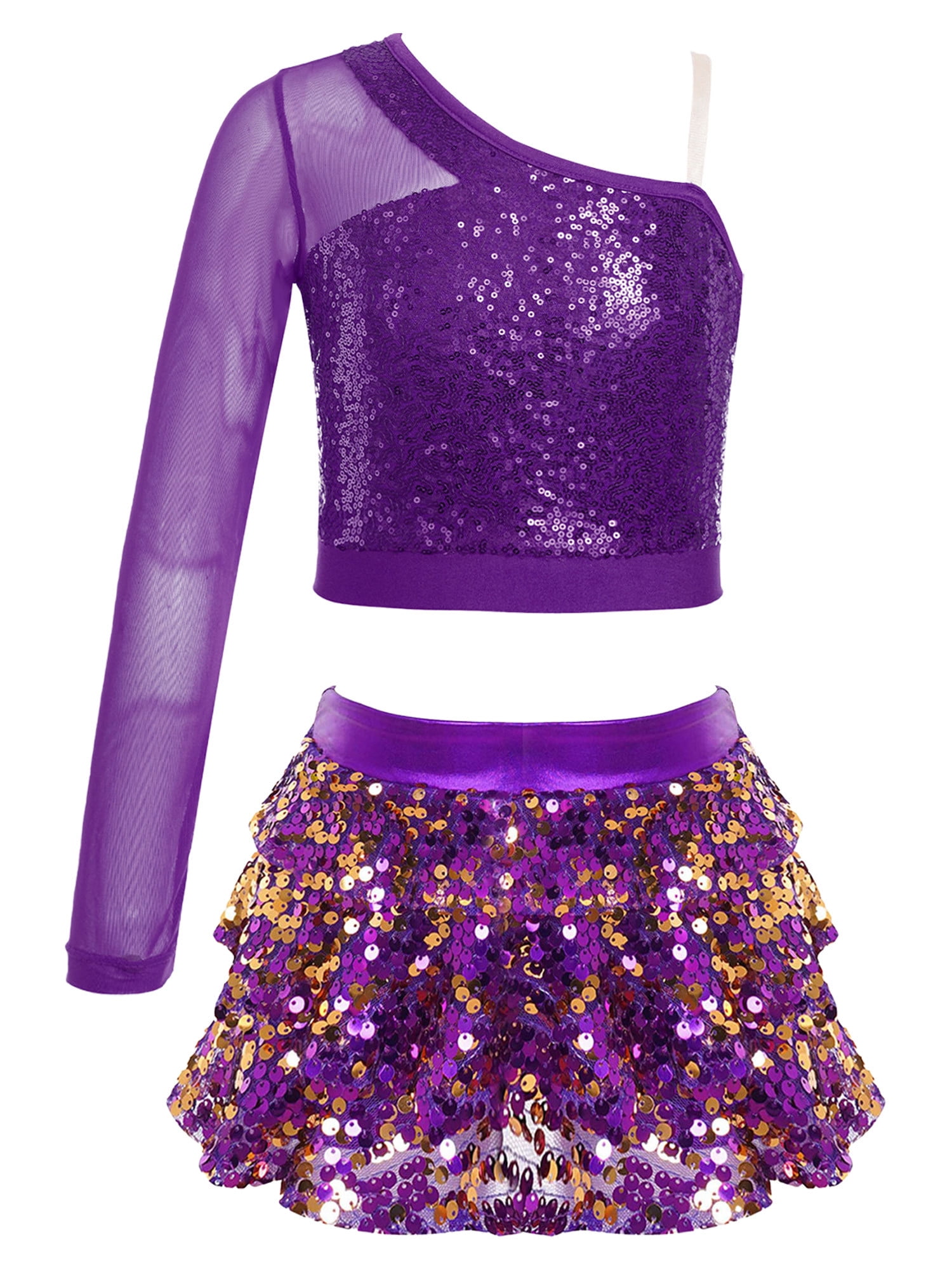 iiniim Kids Girls Modern Jazz Hip Hop Outfits Sequin Crop Top with Mini ...