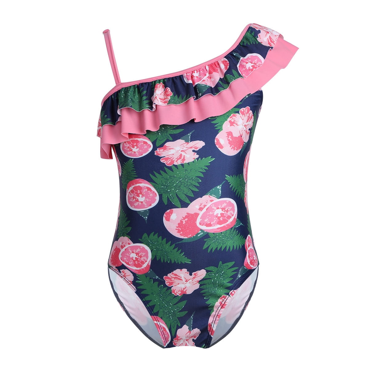 iiniim Kids Girls One Piece Lemon Leaf Printed Ruched Swimsuit Swimwear ...