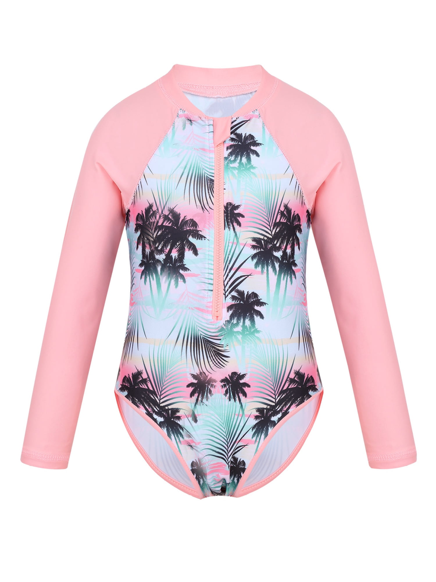 iiniim Kids UV Swimwear Top, Girls Palm Pattern Long Sleeve Zipper Rash ...