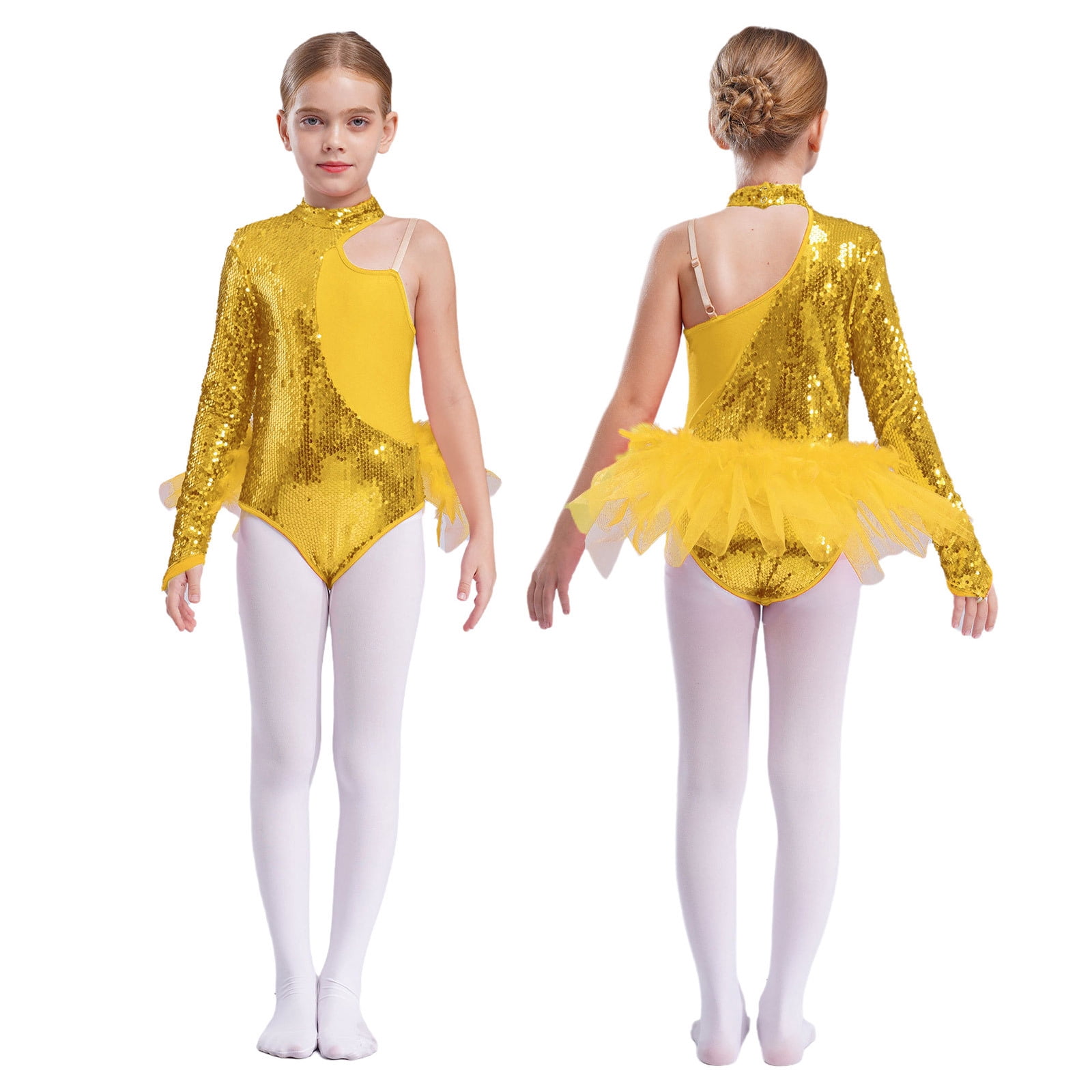 iiniim Kids Girls Sequin Ballet Dance One Shoulder Long Sleeve ...