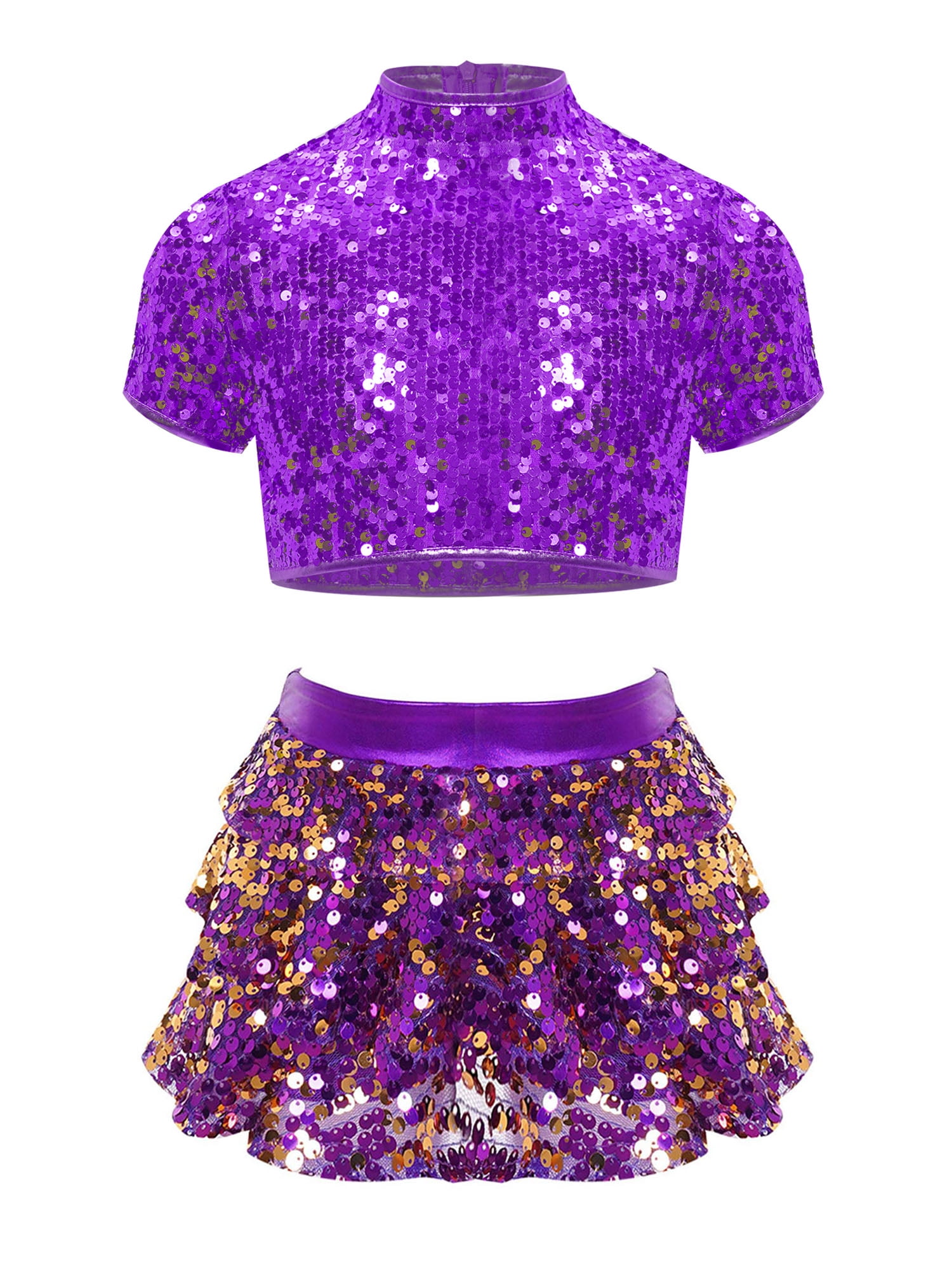 iiniim Kids Girls Sequin Dance Metallic Crop Top with Skirt Jazz Latin ...