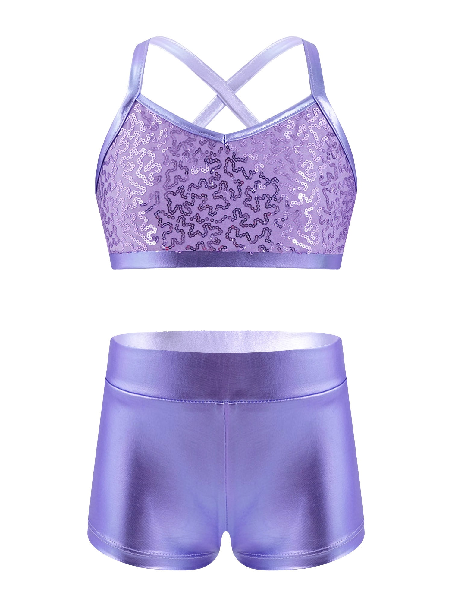 iiniim Kids Girls Shiny Metallic 2 Piece Dance Sports Gym Outfit Crop ...