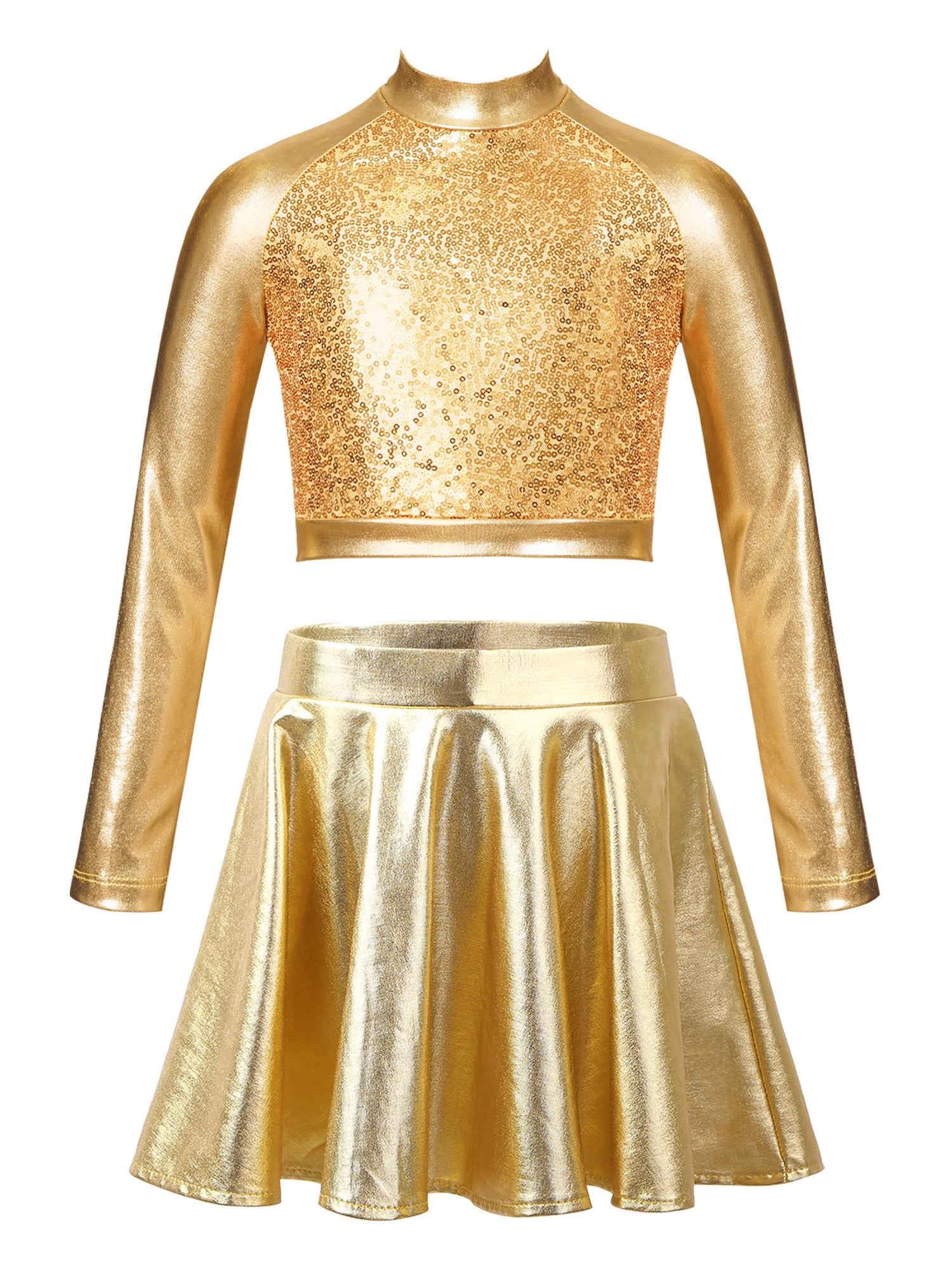 iiniim Kids Girls Shiny Metallic Long Sleeve Crop Top with Skater Skort ...
