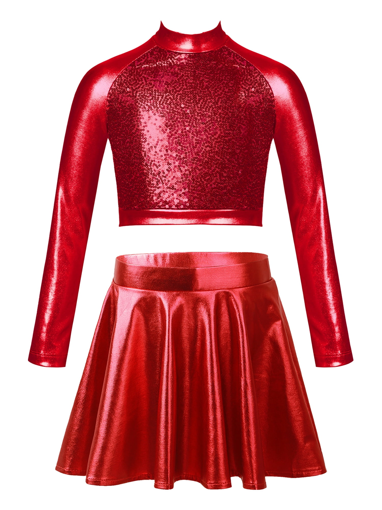 iiniim Kids Girls Shiny Metallic Long Sleeve Crop Top with Skater Skort ...