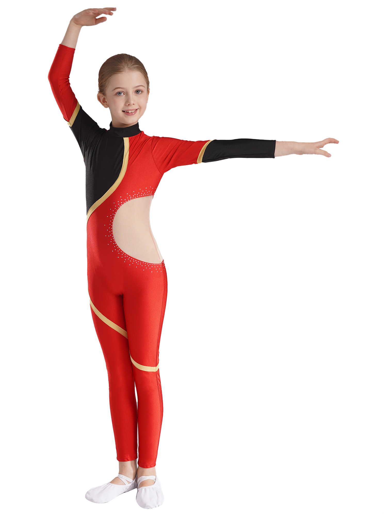 iiniim Kids Girls Shiny Rhinestone Full Body Long Sleeve Unitard One ...