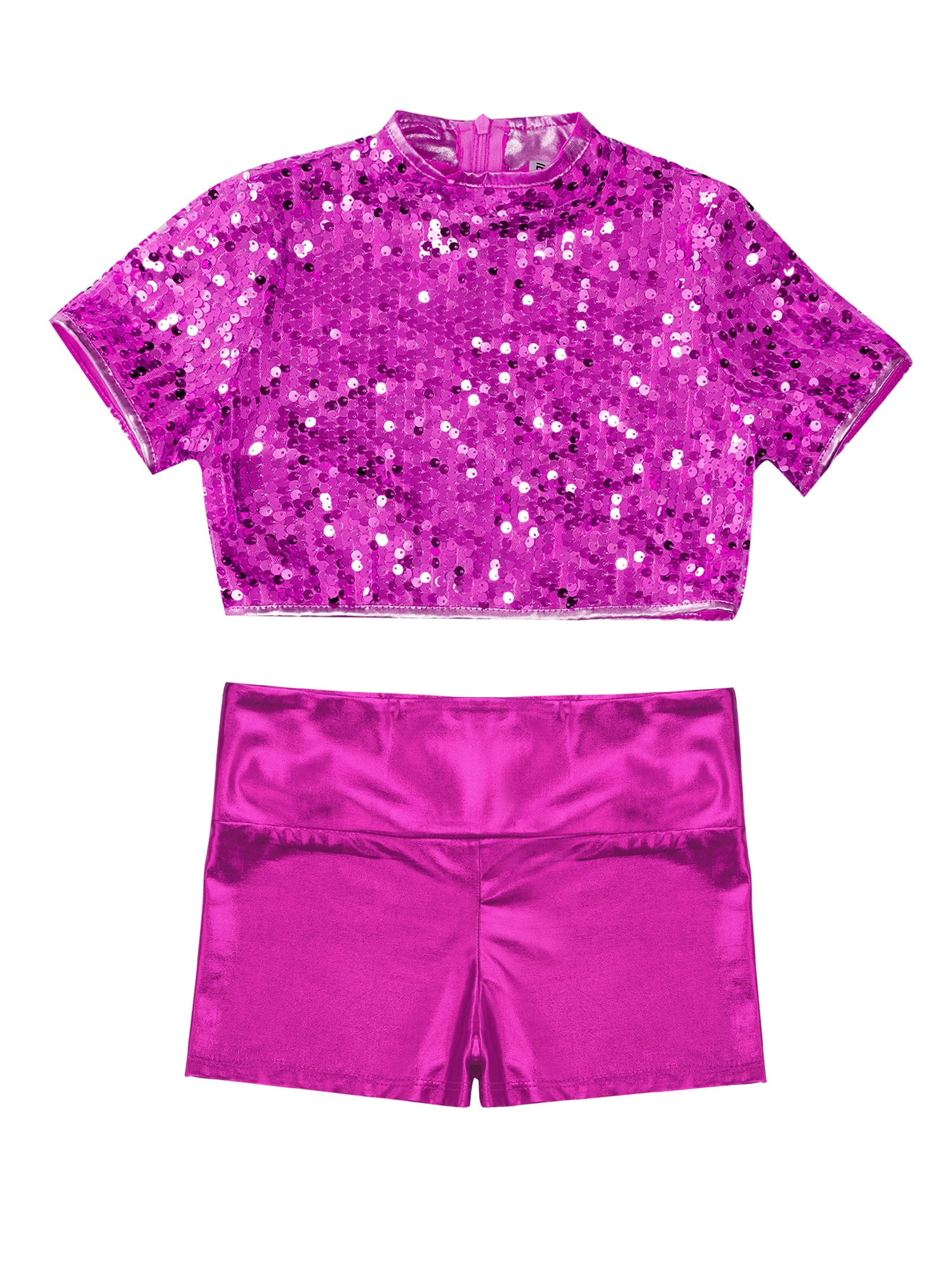 iiniim Kids Girls Sparkle Dance Crop Top with Shiny Hot Shorts Set Hip ...