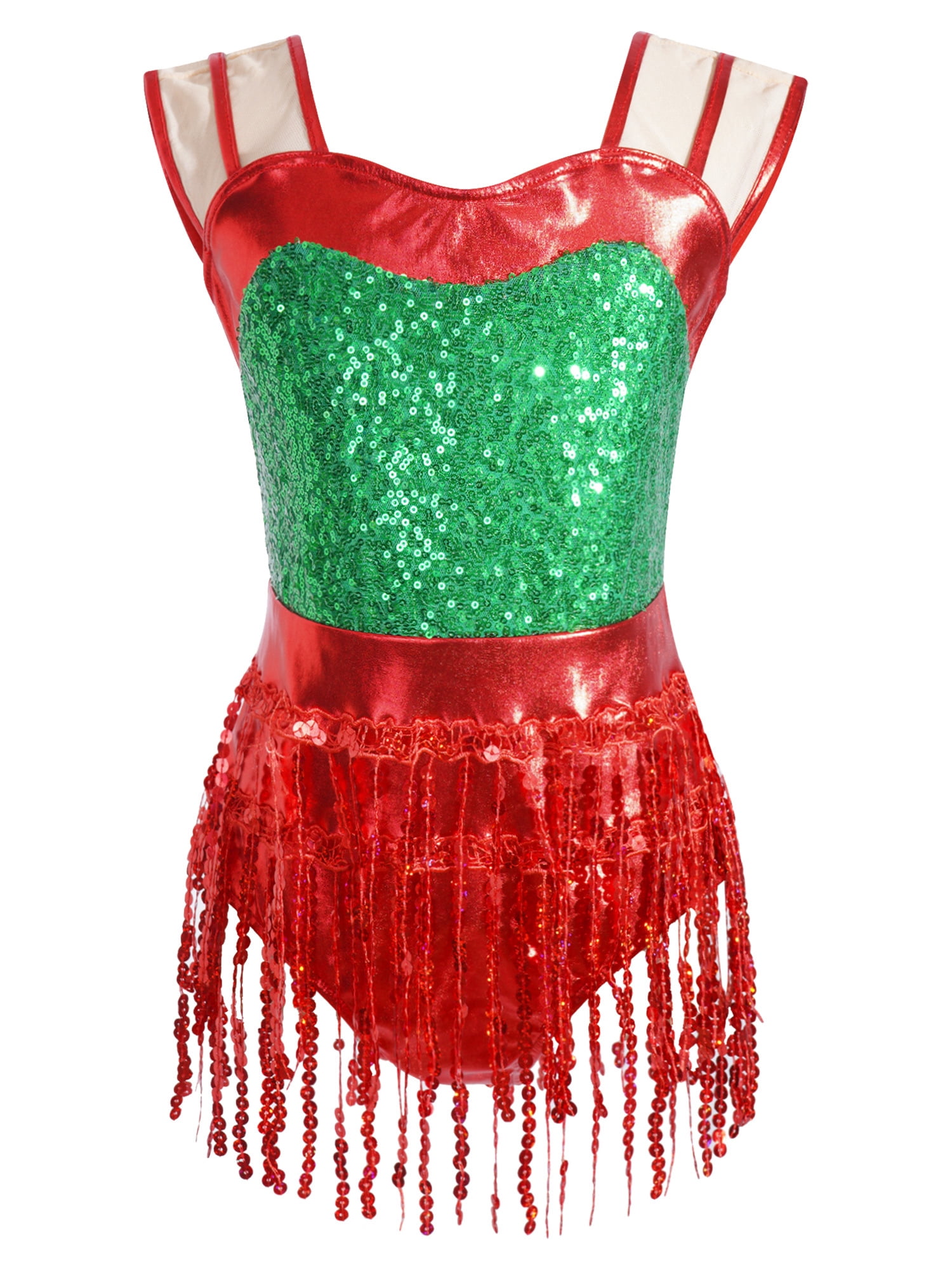 iiniim Kids Girls Sparkle Sequin Christmas Dance Leotard with Tassel ...