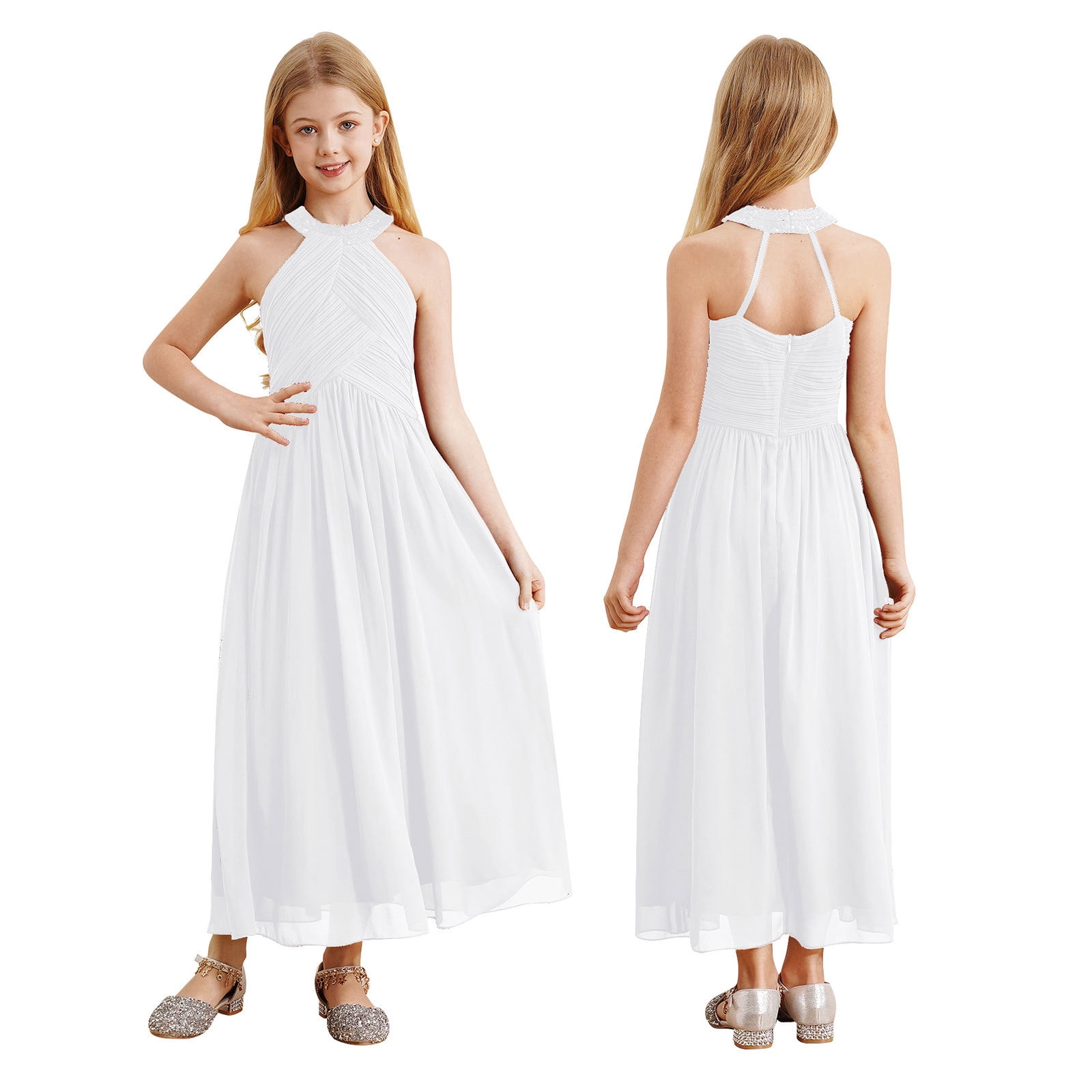 iiniim Kids Halter Neck Flower Girl Dress Ruched Junior Bridesmaid ...