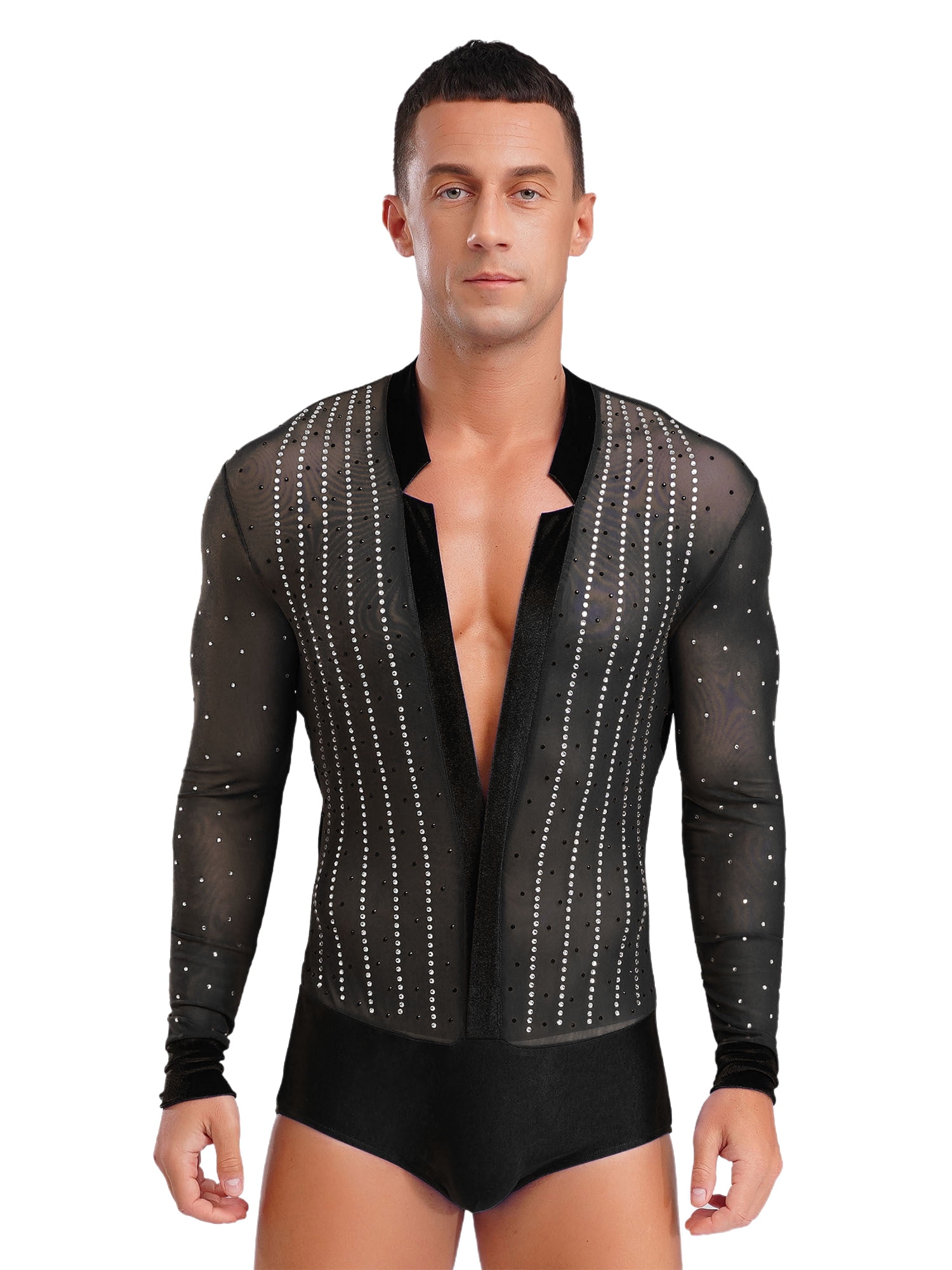 iiniim Men One-Piece Sheer Mesh Long Sleeve Latin Dance Shirt Ballroom ...