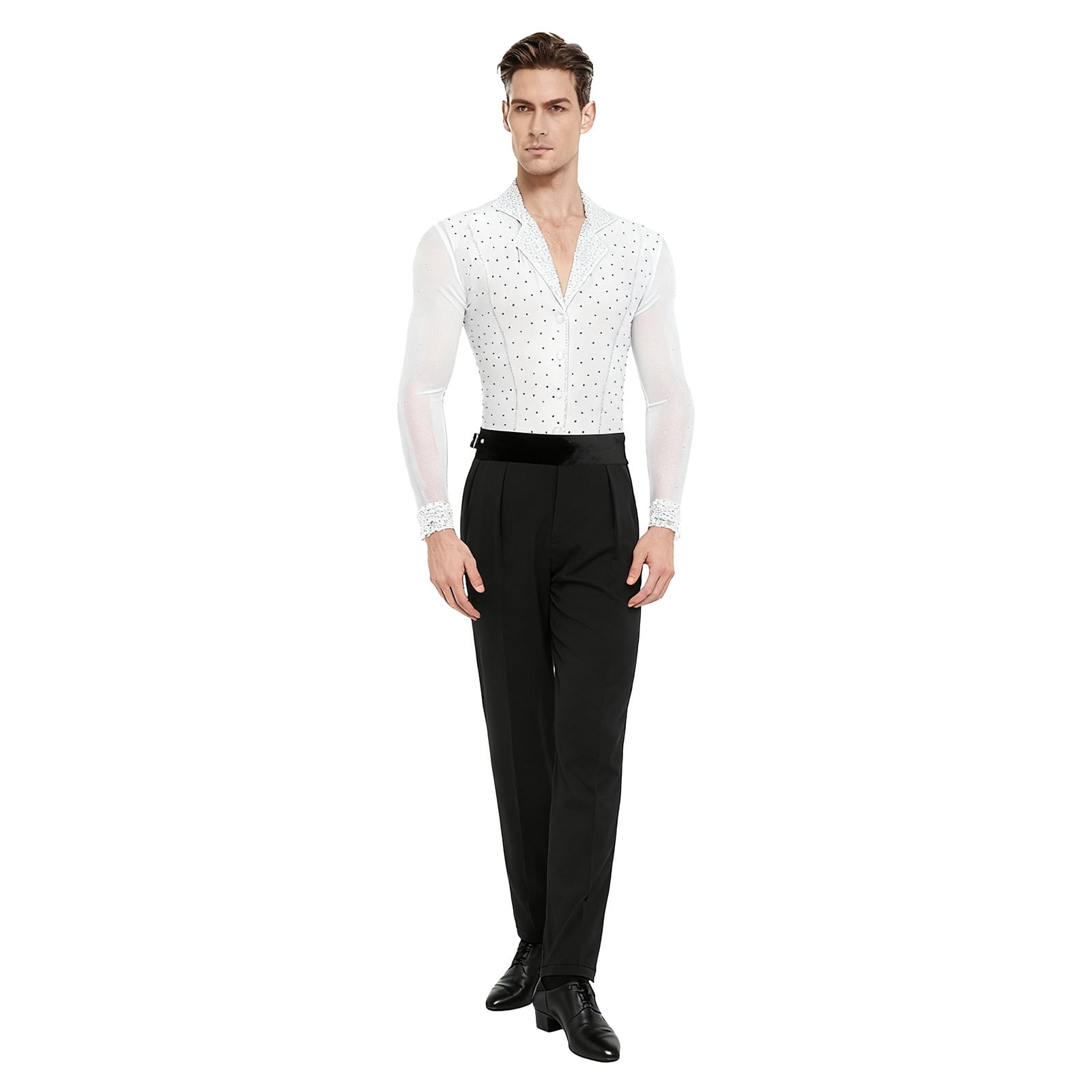 iiniim Men's 2 Piece Latin Dance Costume Rhinestone Lapel Collar Sheer ...