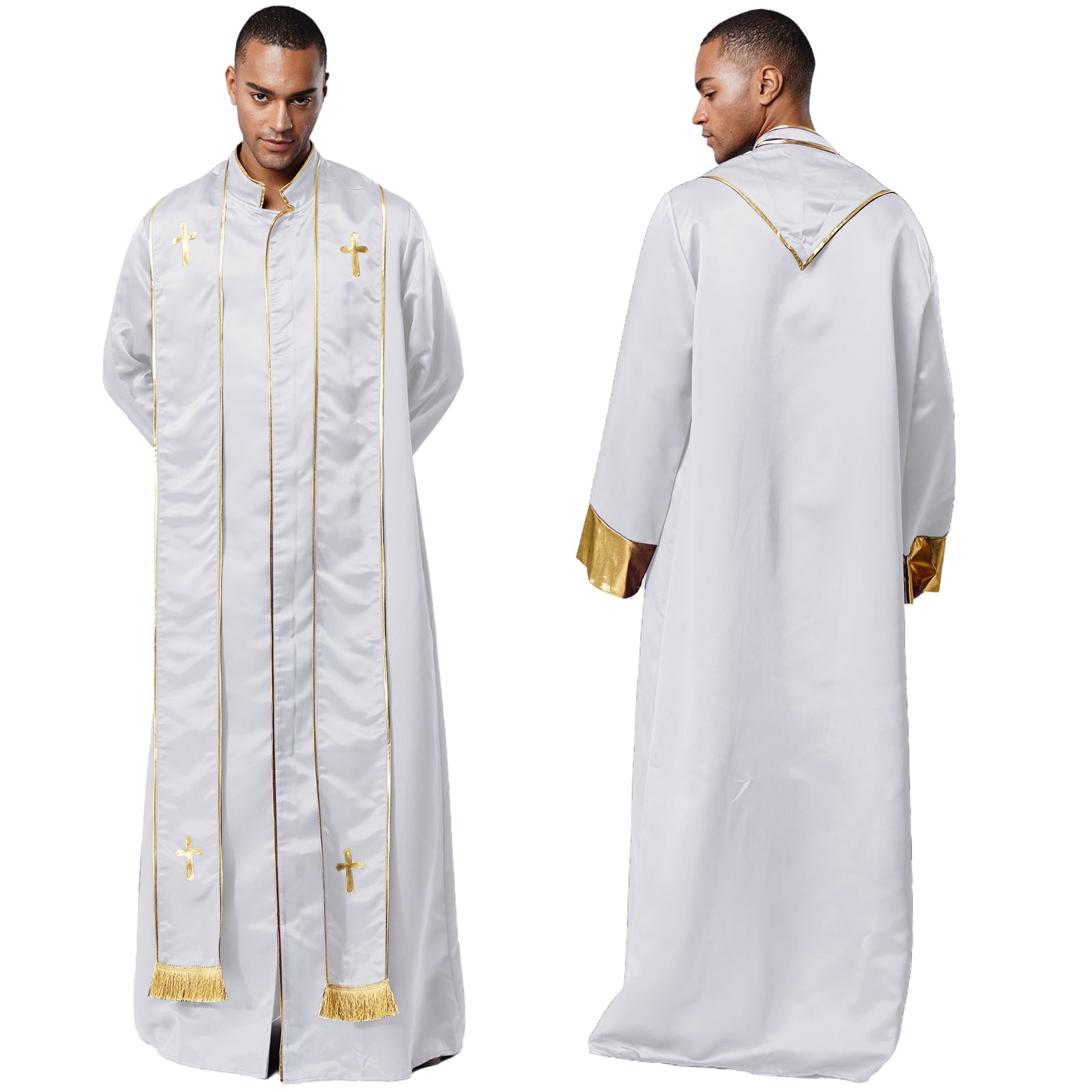iiniim Men's Priest Robe with Gold Trim and Cross Front Zip Stand ...