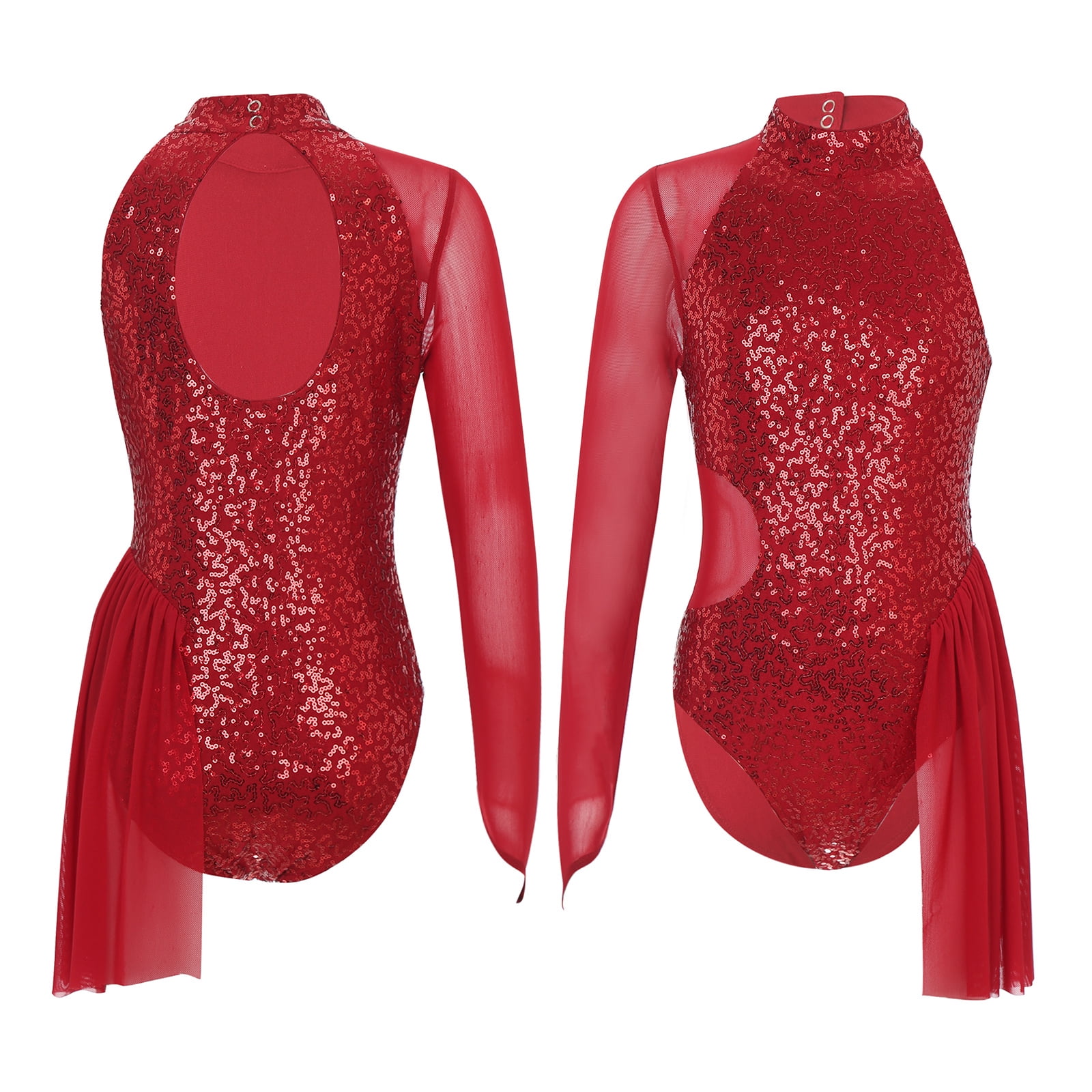 iiniim Sequins Single Long Sleeve Dance Leotards for Girls Skirted ...