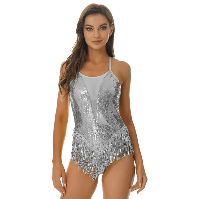 iiniim Sparkly Sequin Bodysuit for Women Fringe Top Latin Dance Leotard Gymnastics Dancewear ...